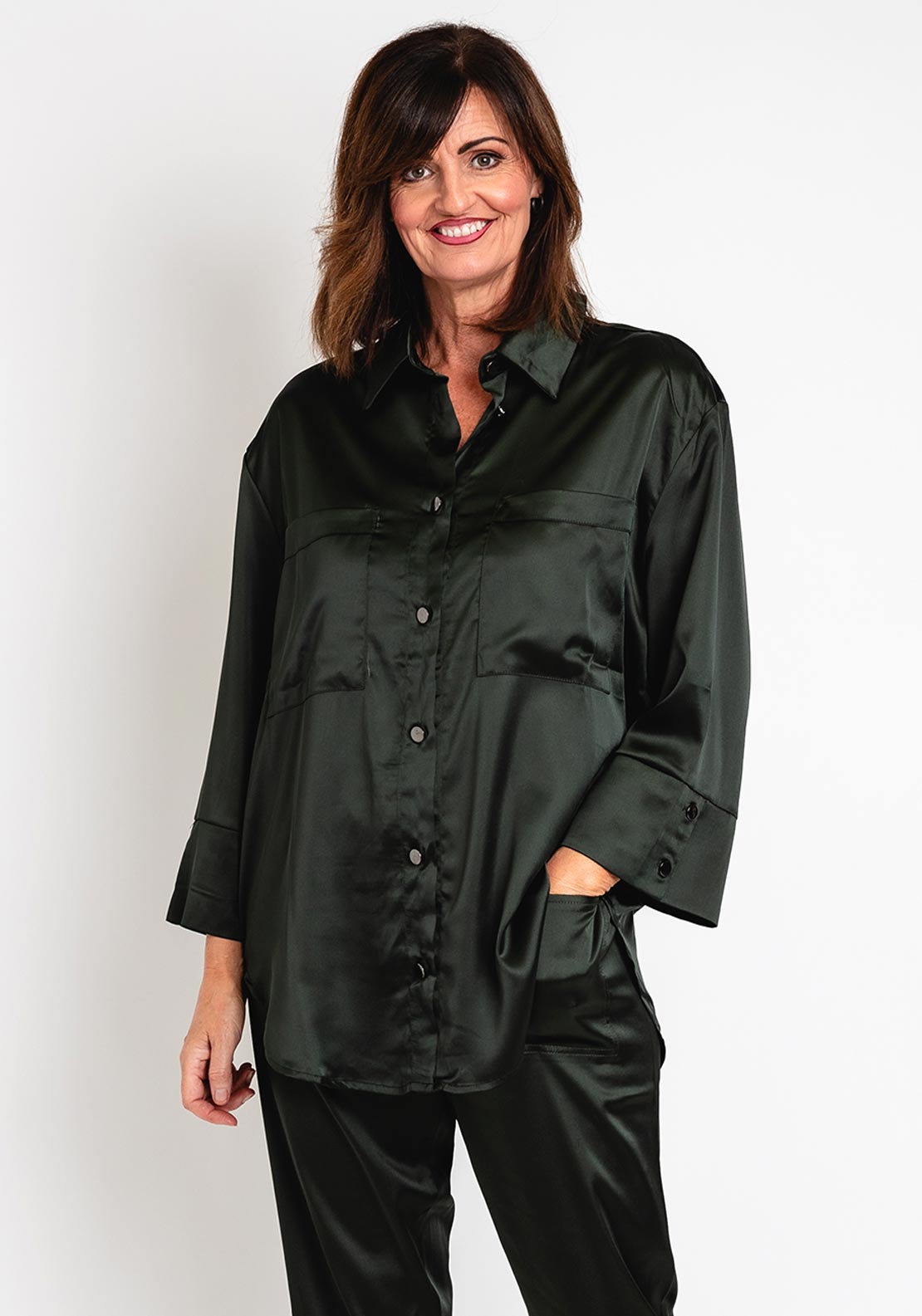 Natalia Collection One Size Sleek Satin Blouse, Khaki - McElhinneys