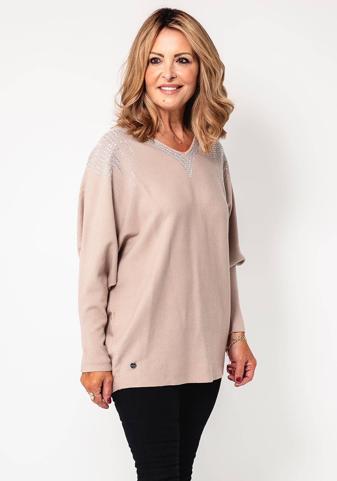 Malissa J Diamante Embellished One Size Jumper, Beige - McElhinneys