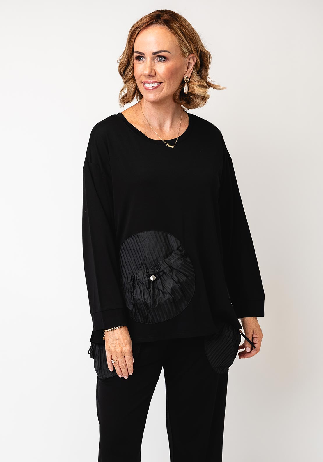 Malissa J One Size Textured Pocket Detail Long Sleeve Top, Black ...