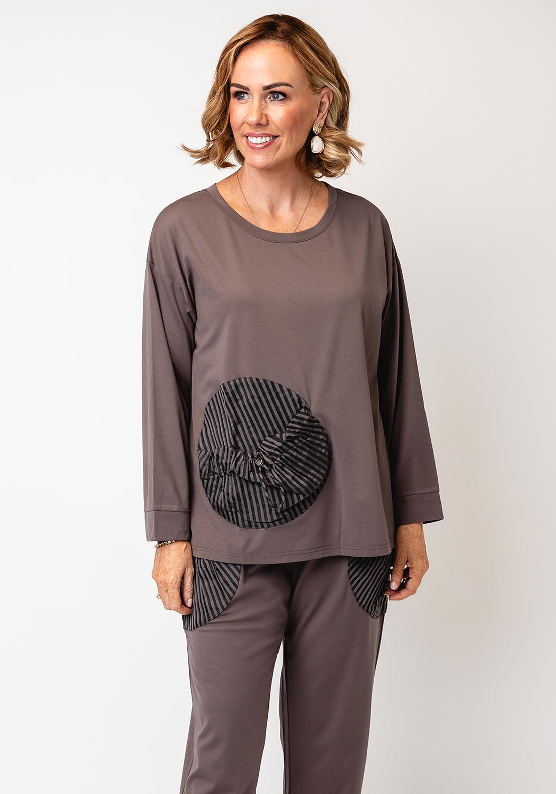 Malissa J One Size Textured Pocket Detail Long Sleeve Top, Mushroom ...