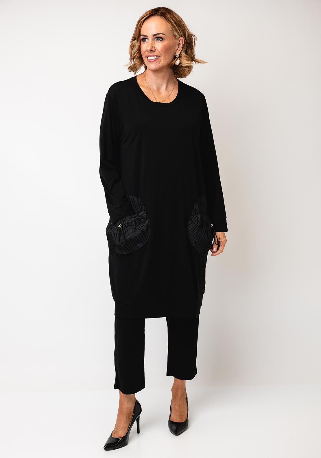 Malissa J Textured One Size Pocket Detail Tunic Dress, Black - McElhinneys