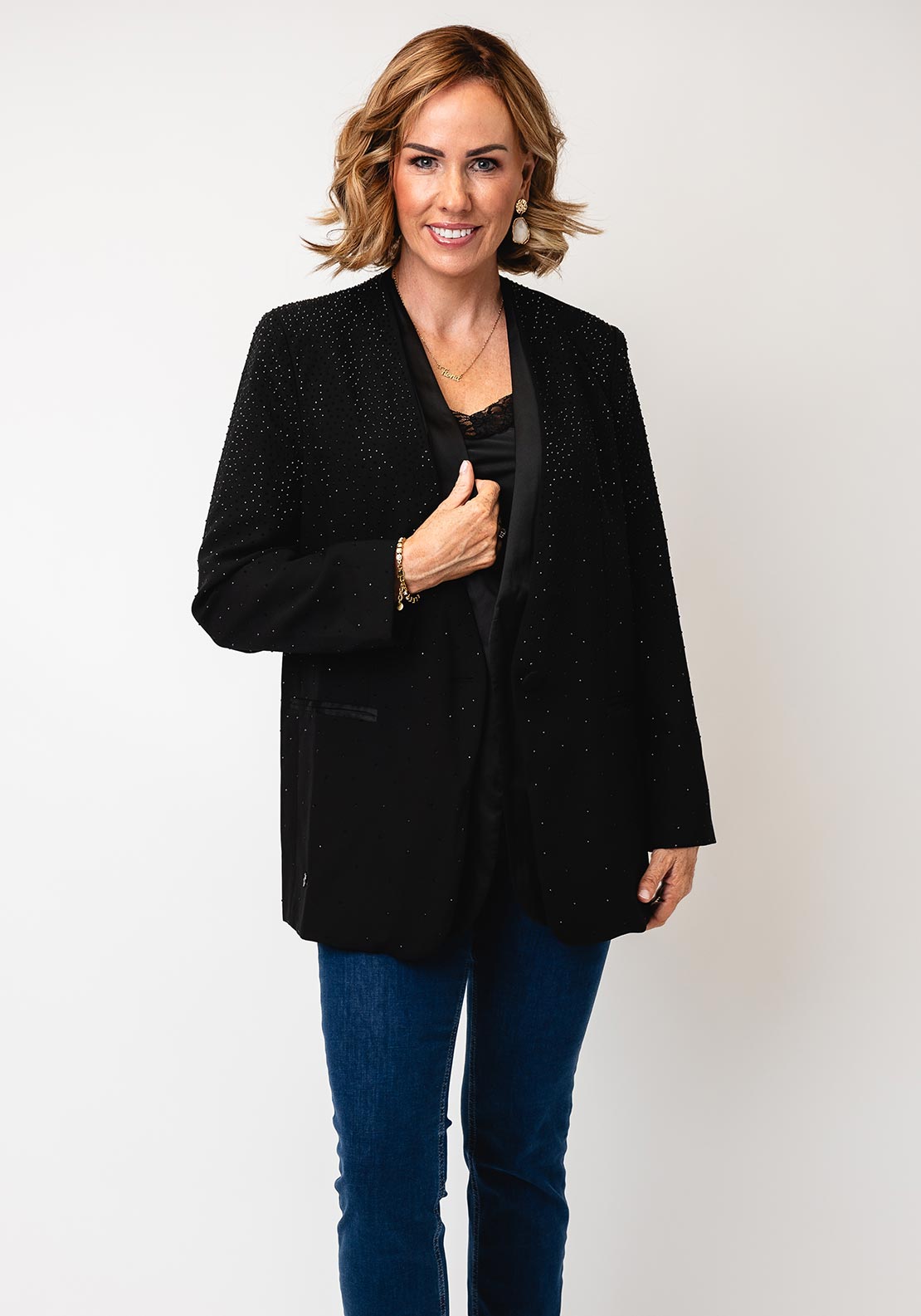 Malissa J Rhinestone Single Button Blazer, Black - McElhinneys