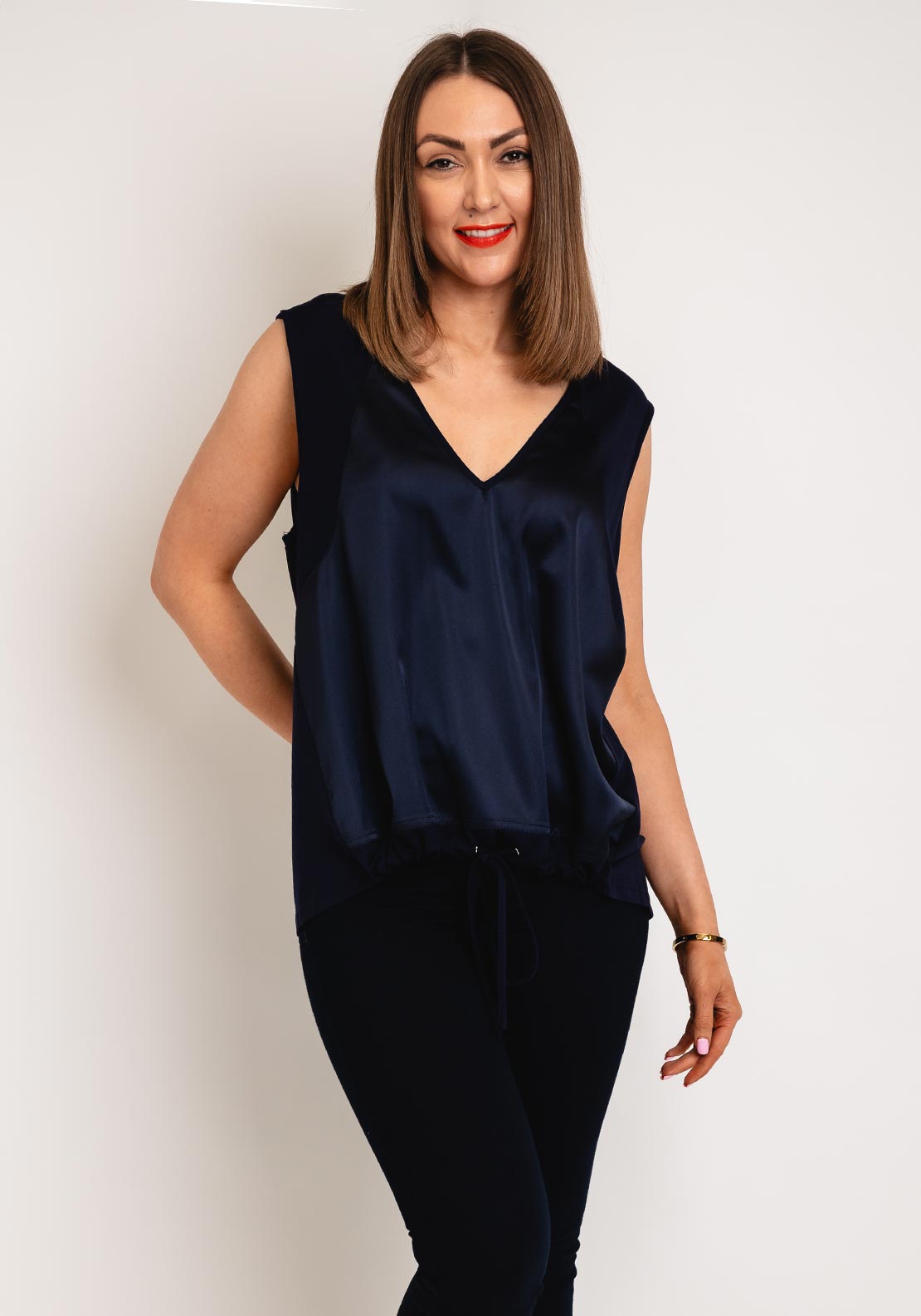 Natalia Collection One Size Material Mix Drawstring Top, Navy - McElhinneys