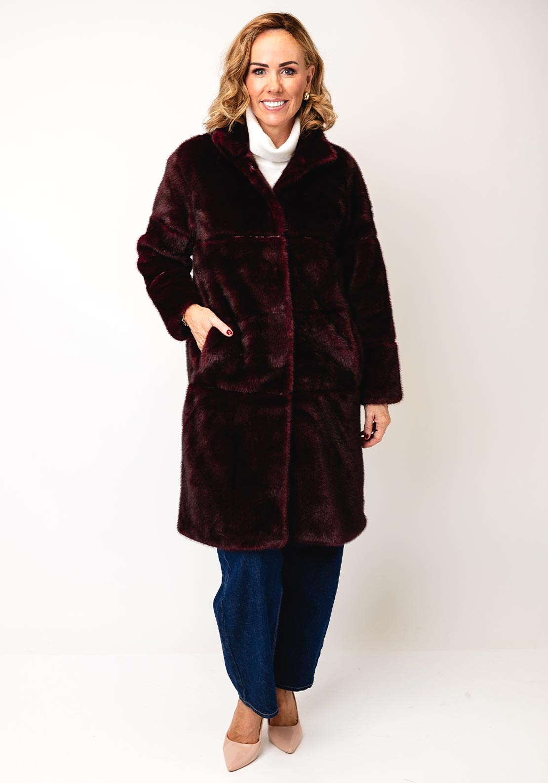 Micha Faux Fur Coat, Burgundy - McElhinneys