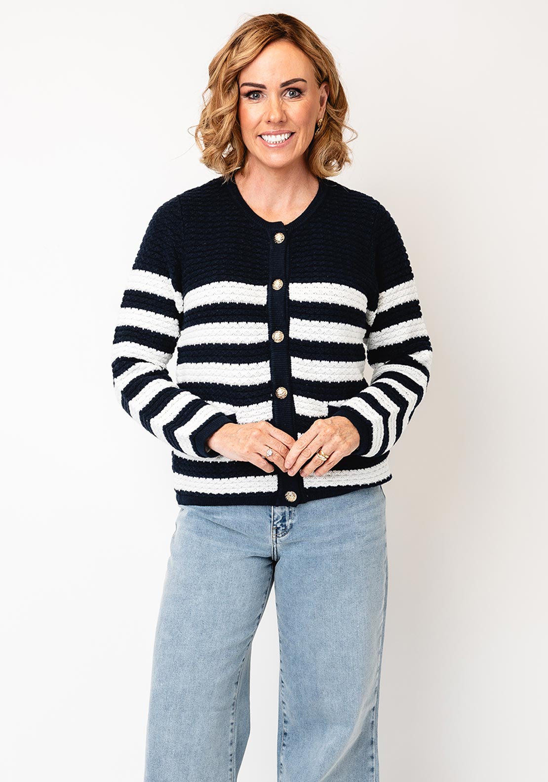 Micha Chunky Knit Striped Cardigan, Navy - McElhinneys