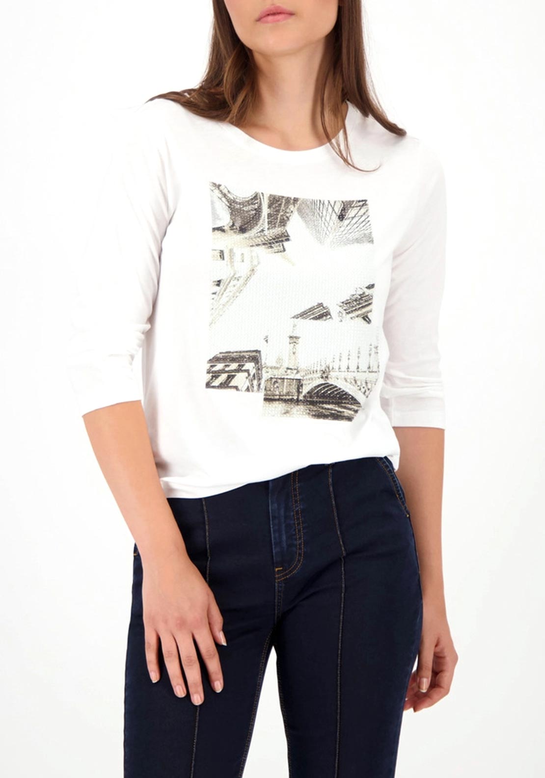 Monari Rhinestone Embellished Cityscape Top, White - McElhinneys