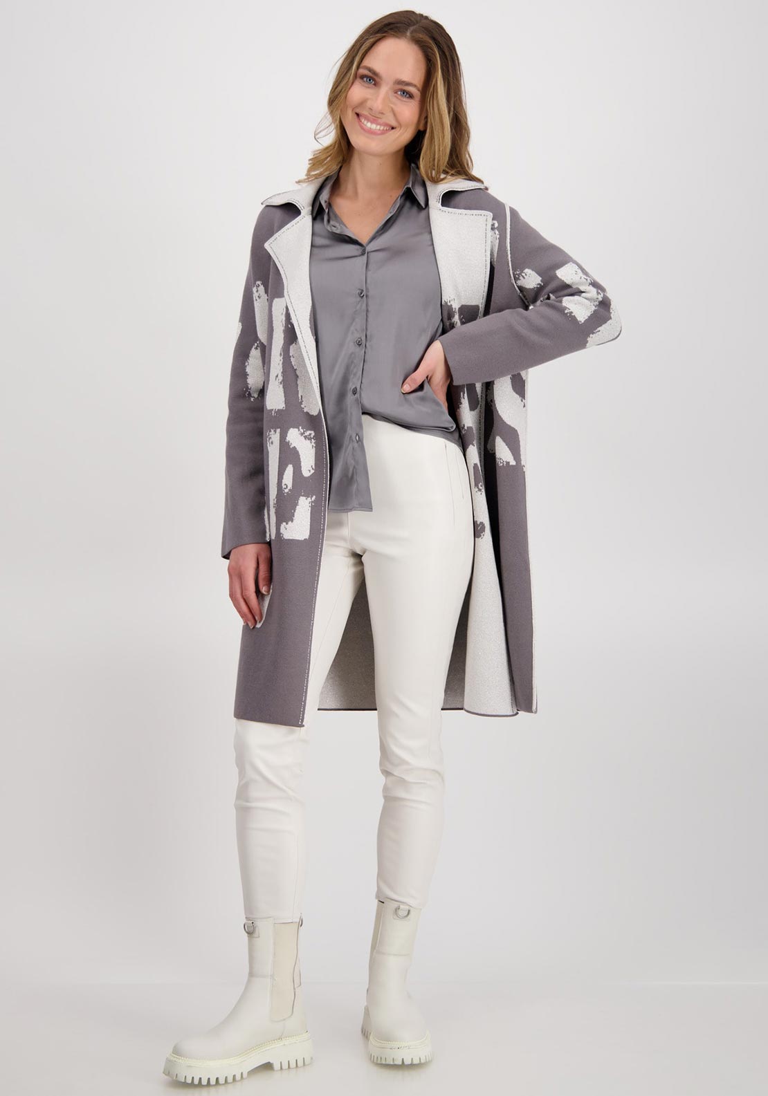 Monari Shimmer Detail Long Open Reversible Cardigan, Grey & Silver ...