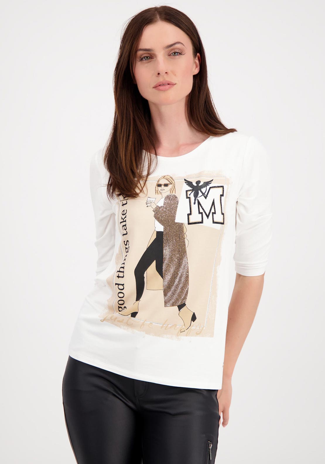 Monari Rhinestone Woman Print Top, Off White - McElhinneys