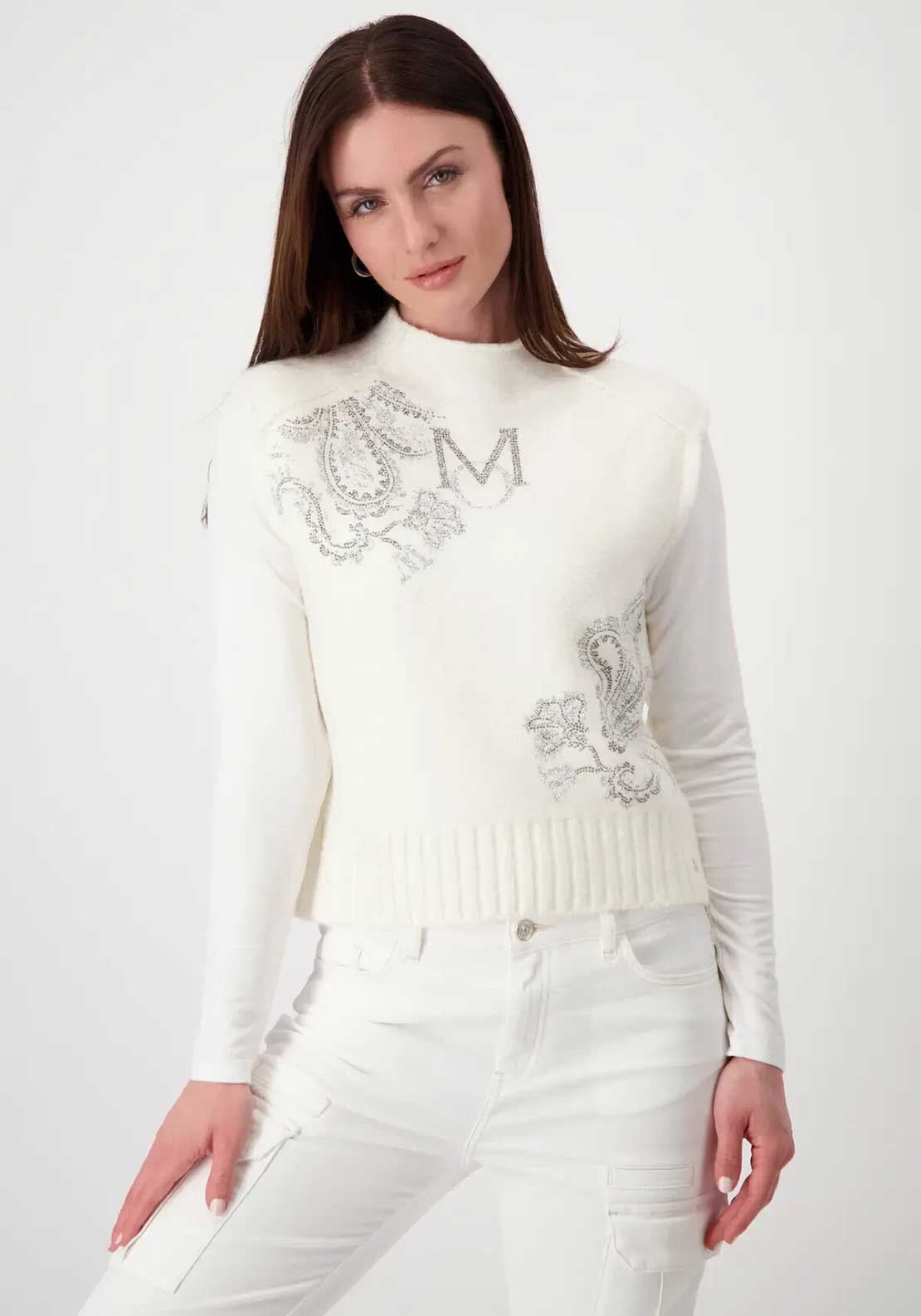Monari Rhinestone Sleeveless Knit Top, White - McElhinneys