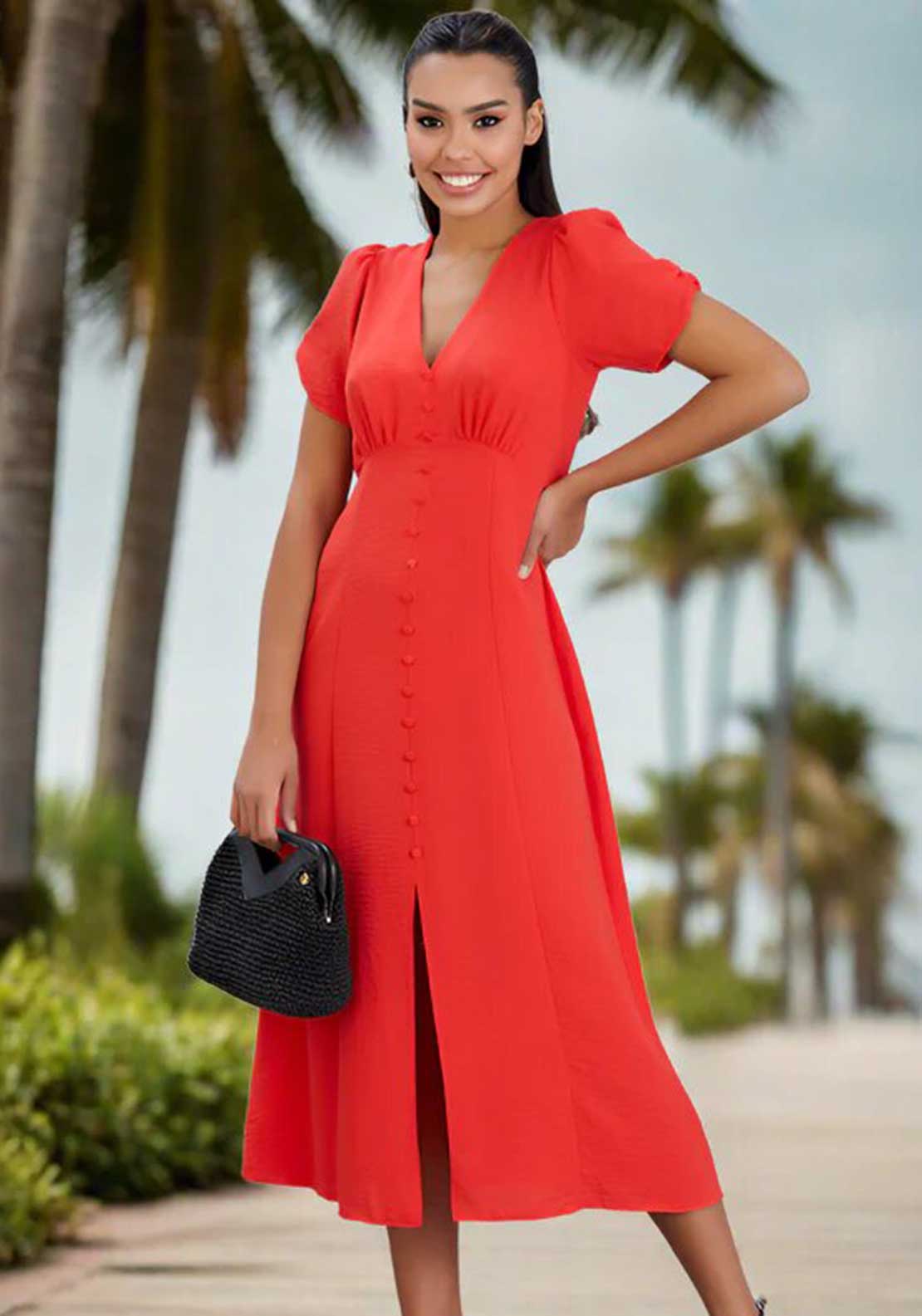 Natalia Collection V Neck Buttoned Midi Dress, Coral - McElhinneys