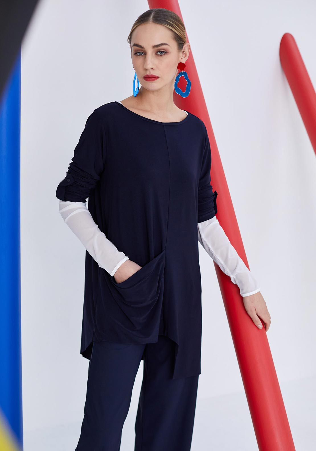 Naya Asymmetrically Cut Tunic Top, Navy - McElhinneys