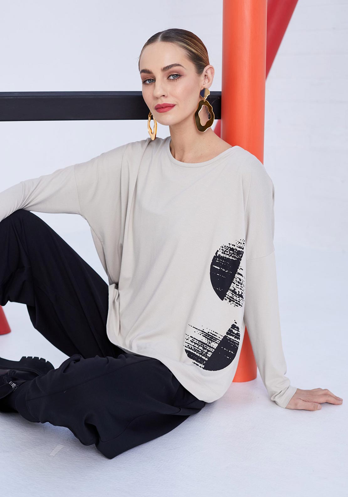 Naya Side Print Relaxed Fit Jersey Top, Stone - McElhinneys