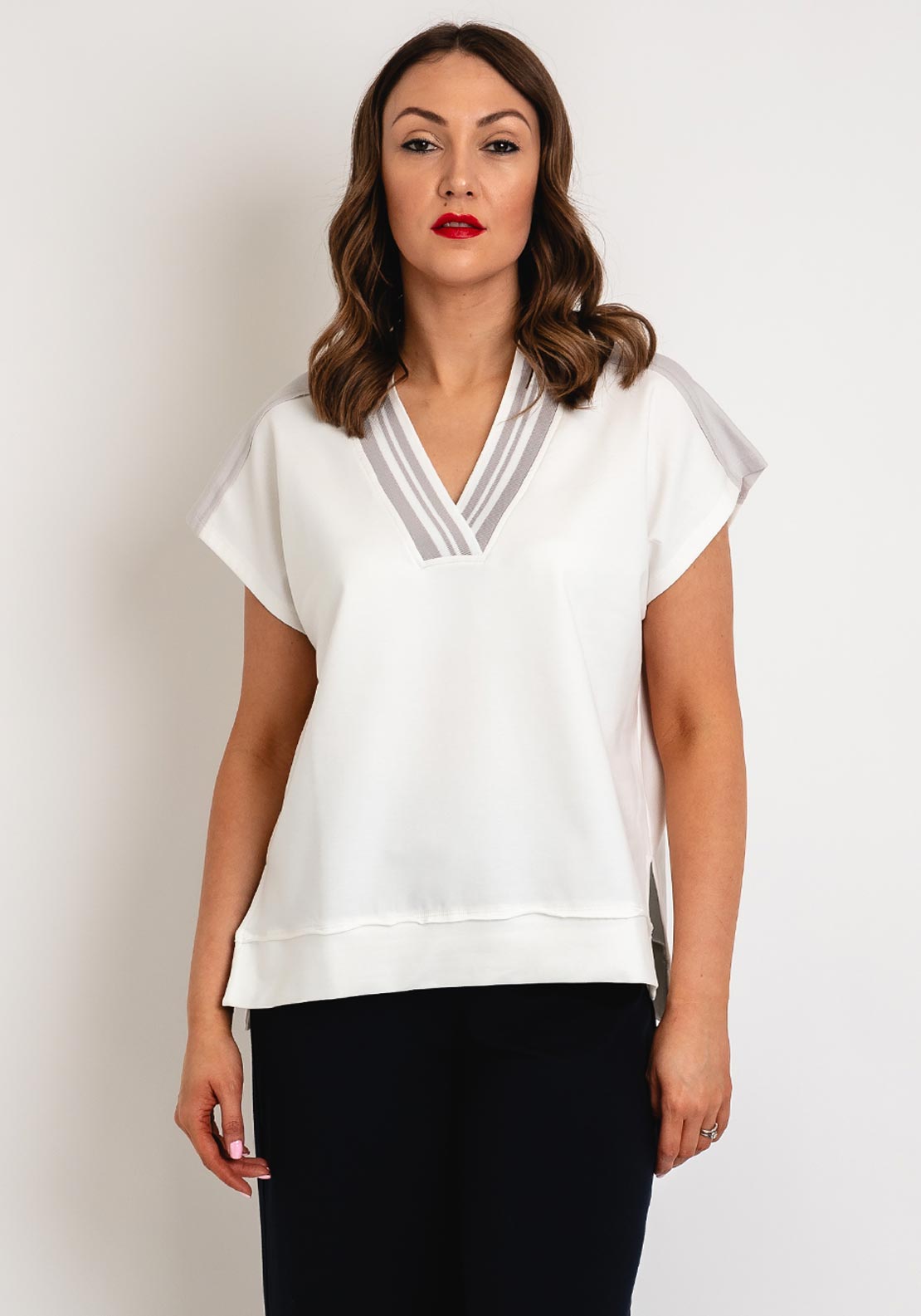 Naya V Neck Knit Trim Top, Sand - McElhinneys