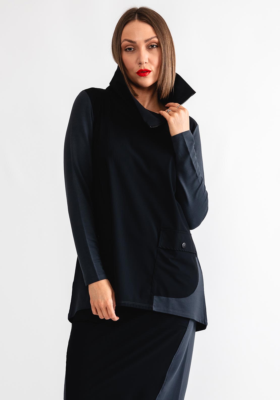 Naya Pocket Detail Zip Neck Top, Grey and Black - McElhinneys