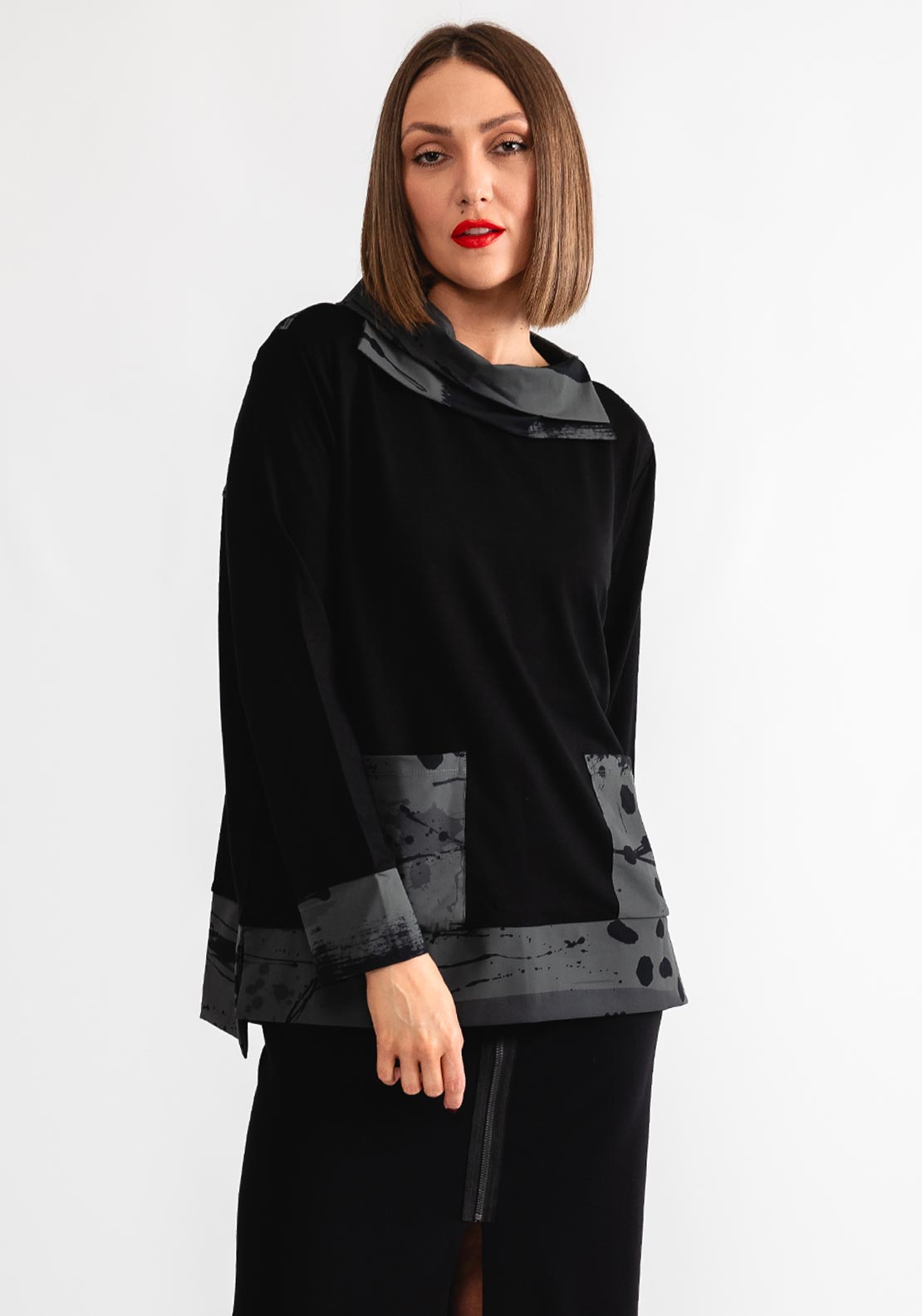 Naya High Neck Abstract Print Top, Black and Green - McElhinneys