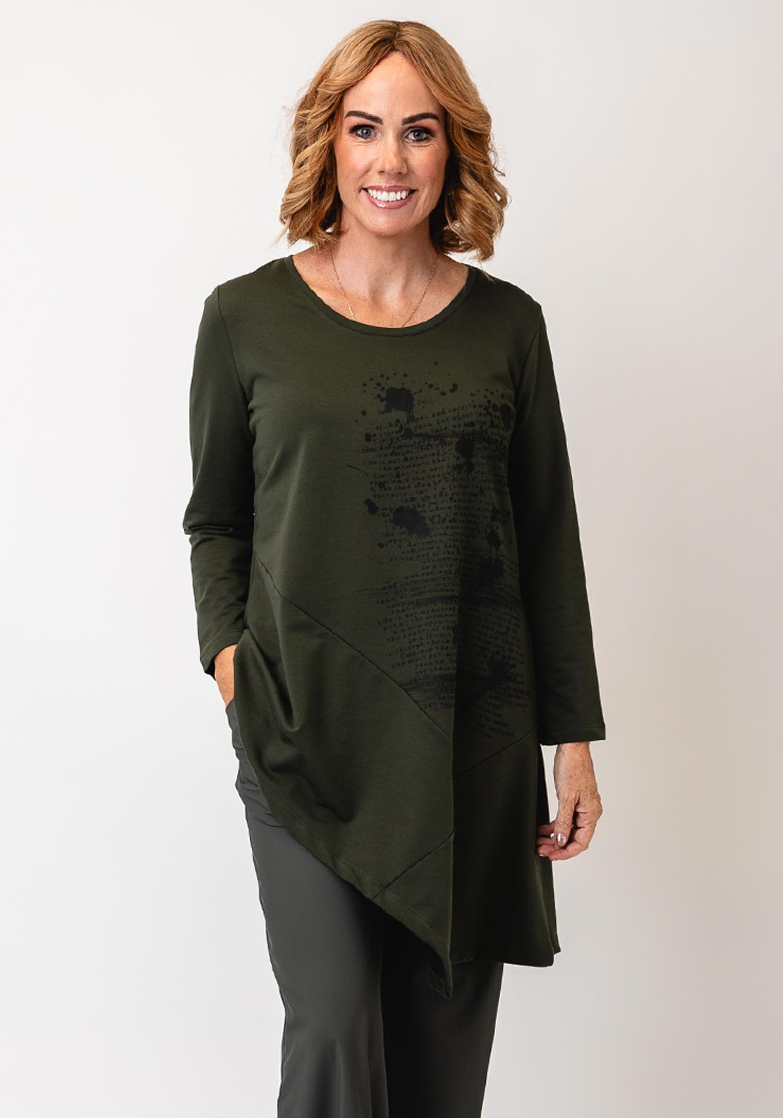 Naya Print Detail Round Neck Asymmetric Top, Green - McElhinneys