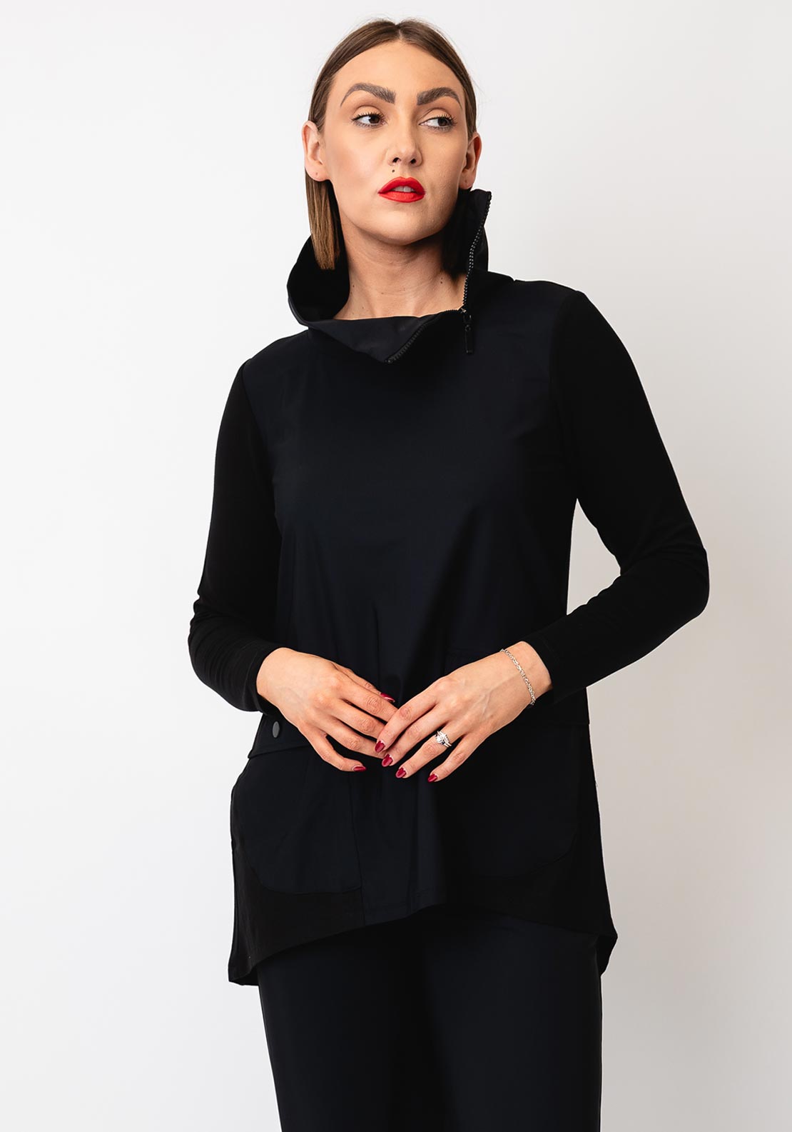 Naya Printed Zip Neck Long Sleeve Top, Black - McElhinneys