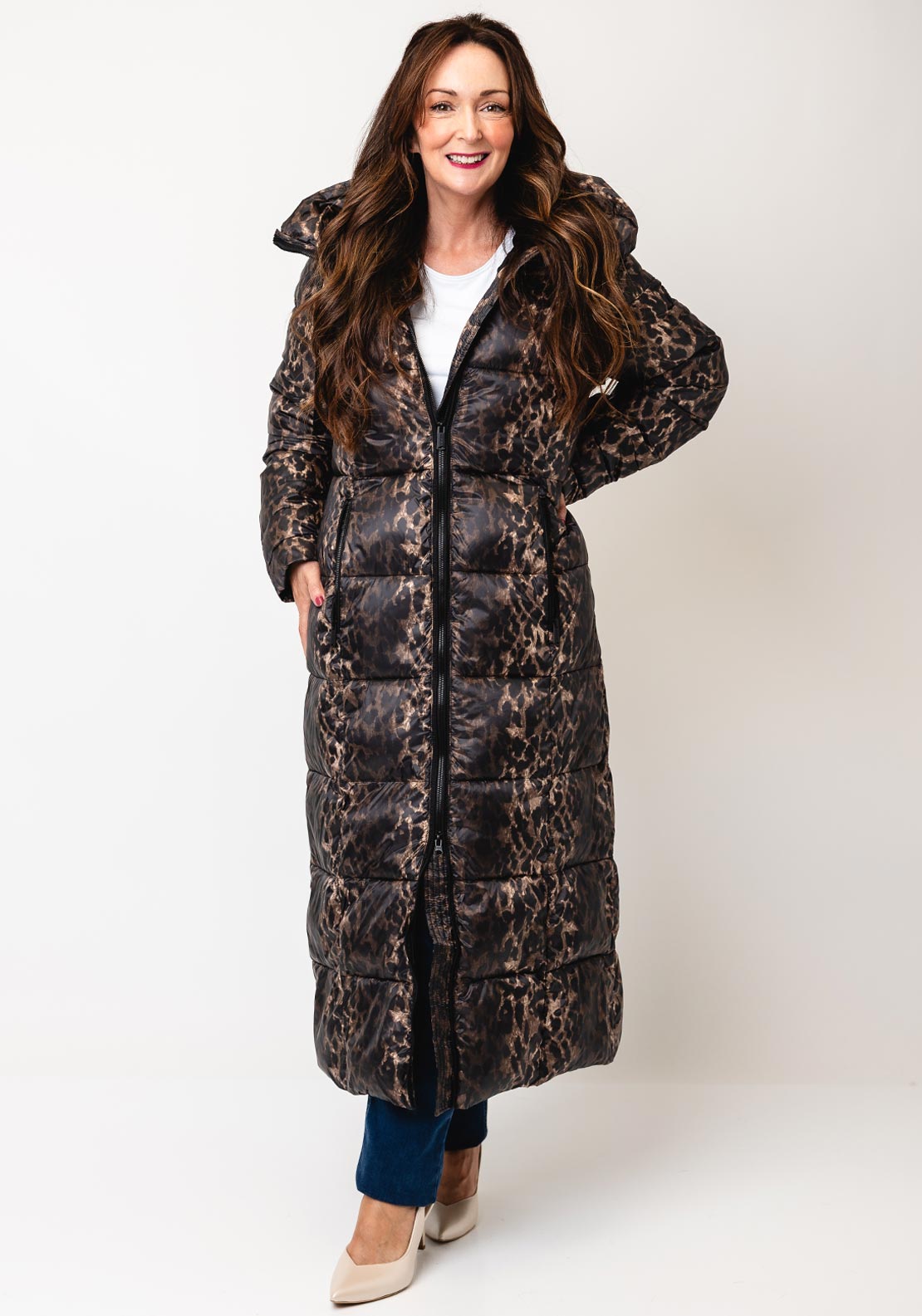 Normann Leopard Print Long Puffer Coat, Brown - McElhinneys