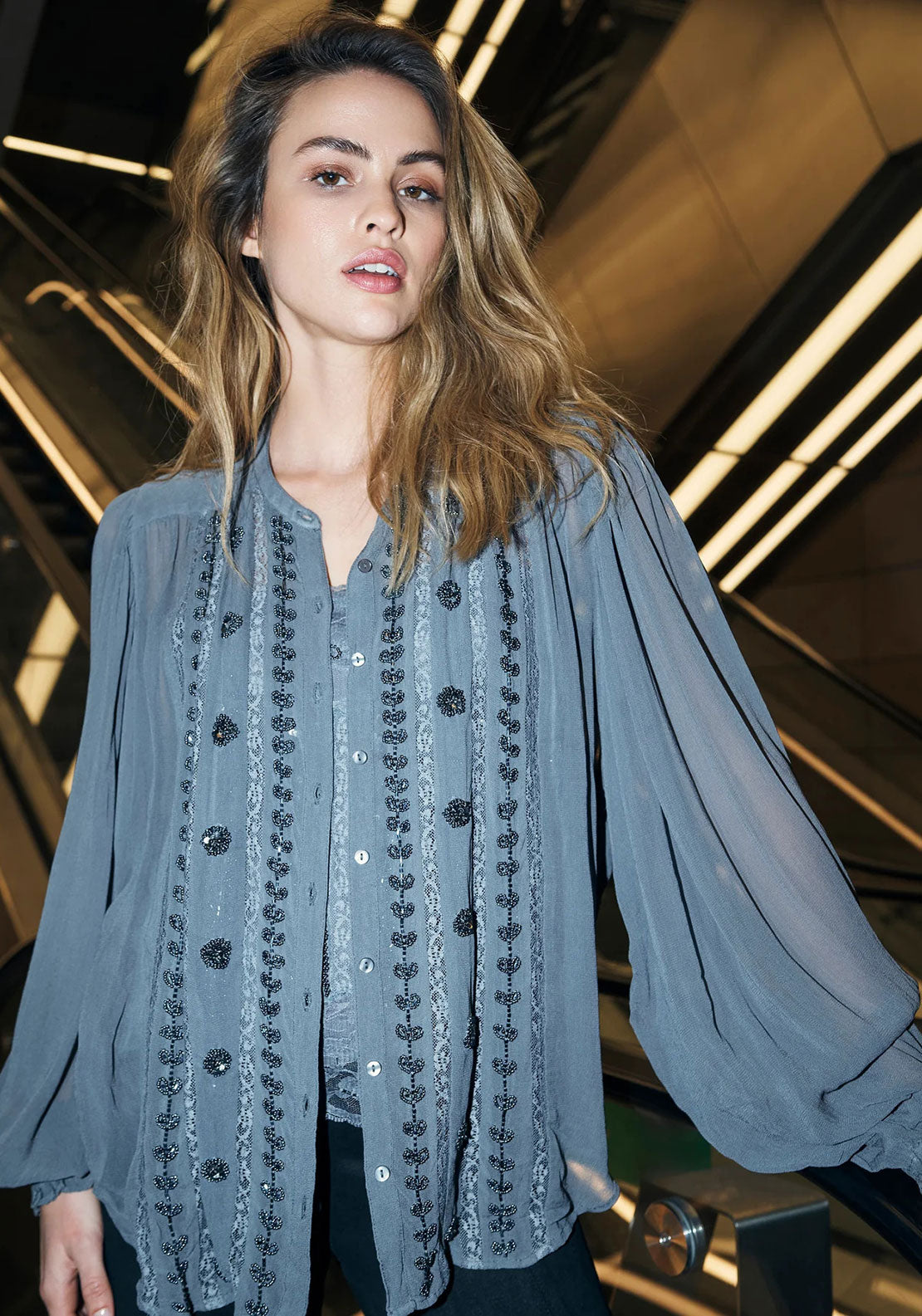 Nu Denmark Bea Beaded Embellished Shirt, Grey - McElhinneys