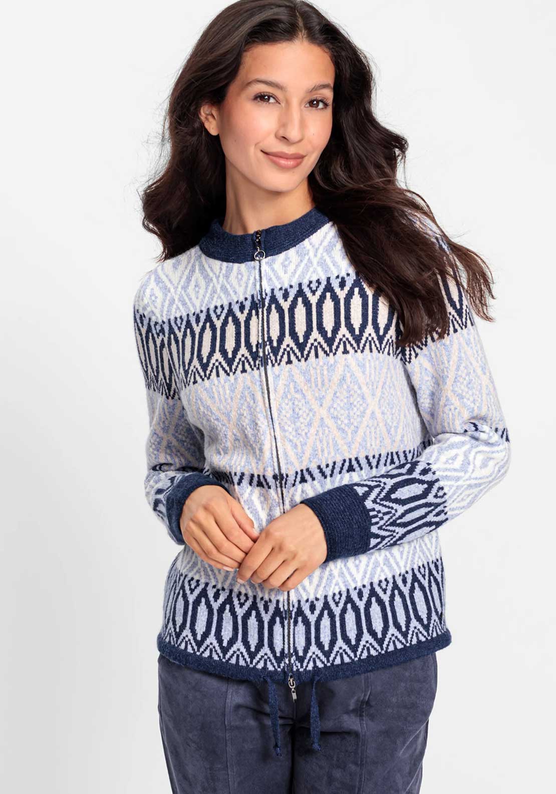 Olsen Henny Nordic Jacquard Zip Through Cardigan, Blue - McElhinneys