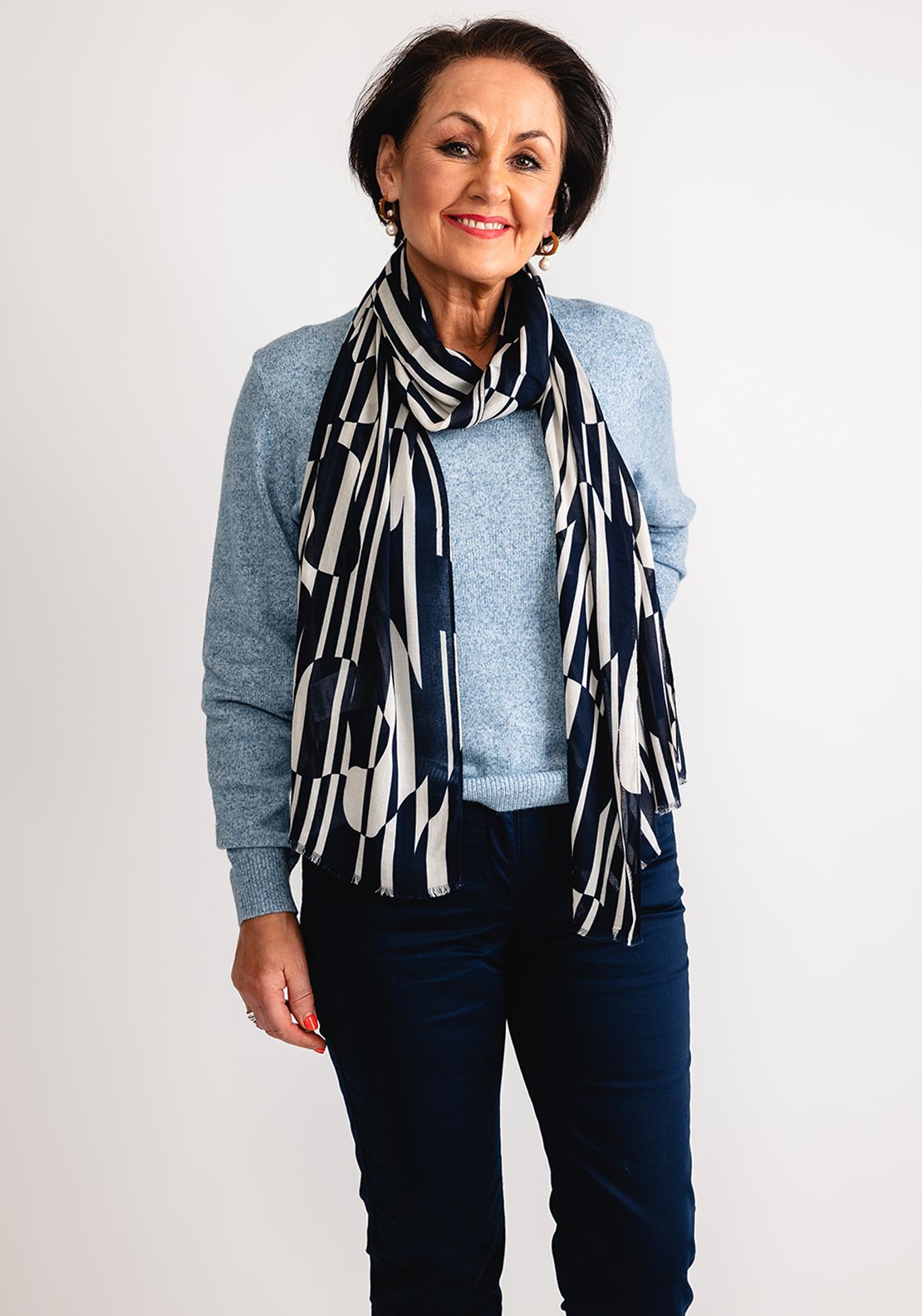 Olsen Patterned Scarf, Navy and Cream - McElhinneys