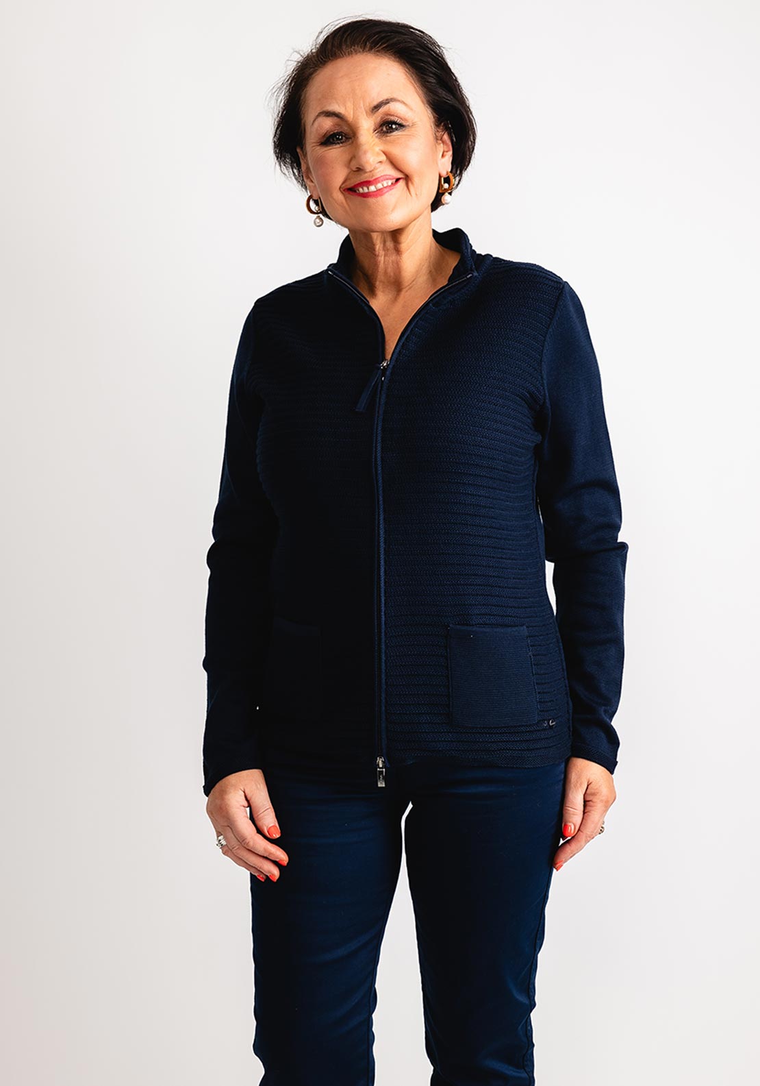 Olsen Eva Zip Up Knitted Cardigan, Navy - McElhinneys