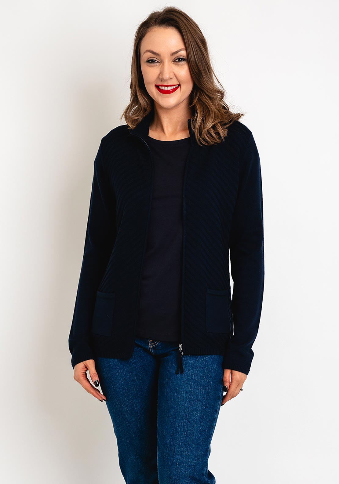 Olsen High Neck Ribbed Jacket, Navy - McElhinneys