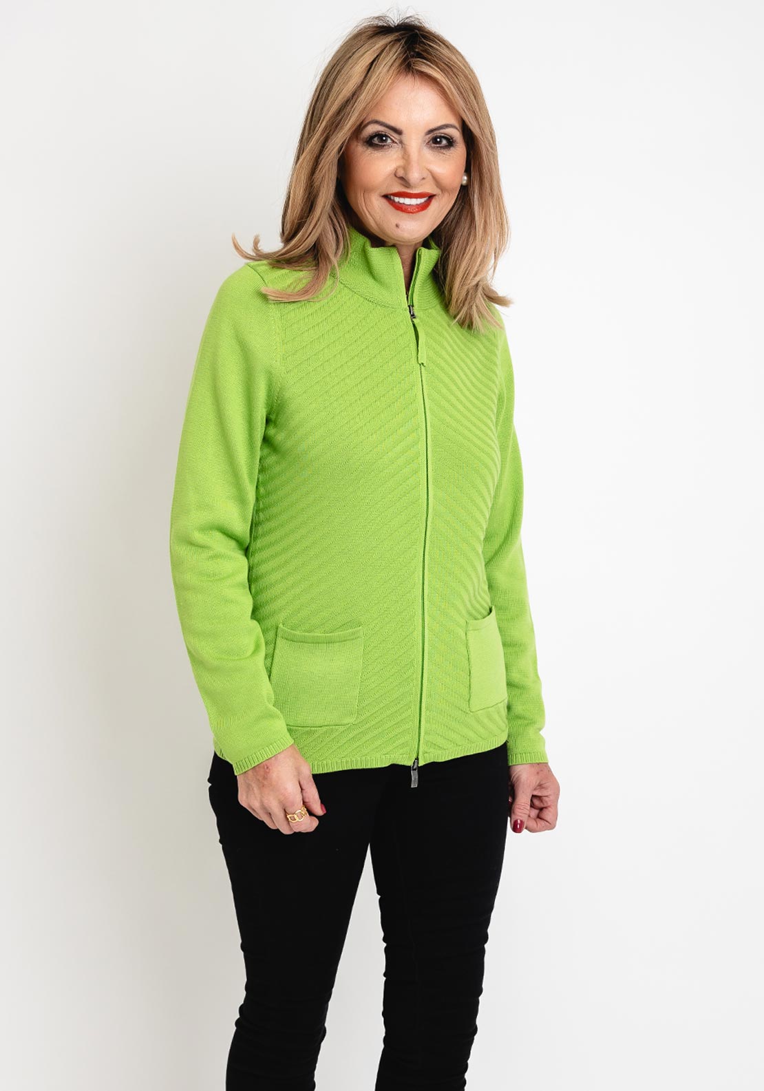 Olsen Eva Rib Zip Front Cardigan, Kiwi - McElhinneys