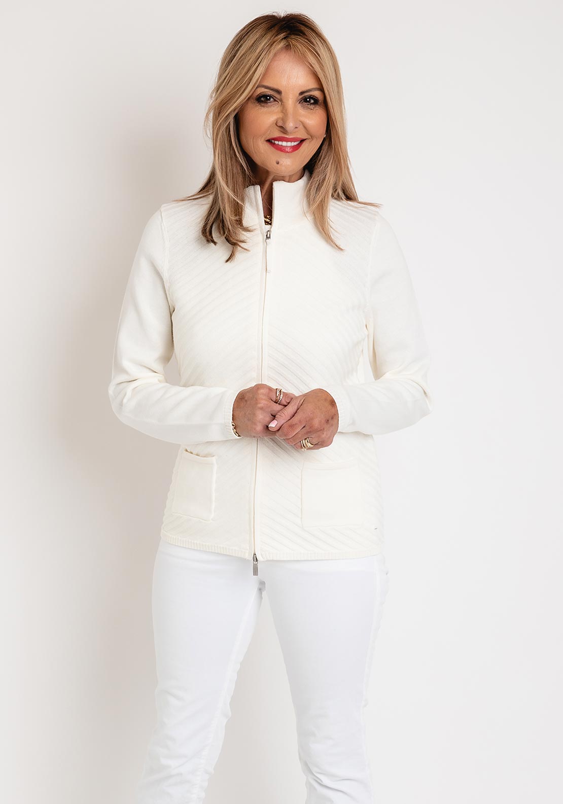 Olsen Eva Rib Zip Front Cardigan, Off White - McElhinneys