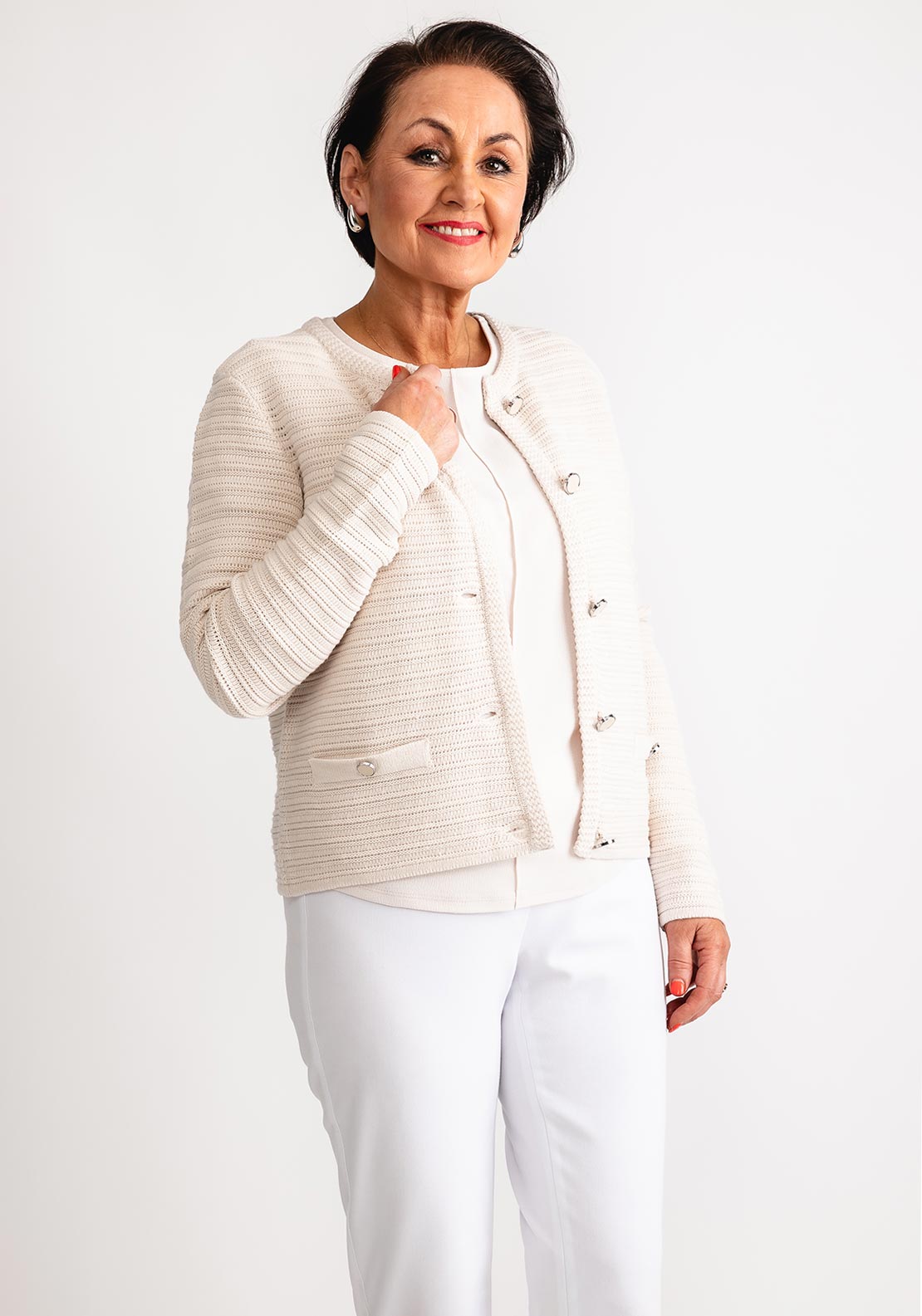 Olsen Henny Round Neck Button Up Cardigan, Ecru - McElhinneys