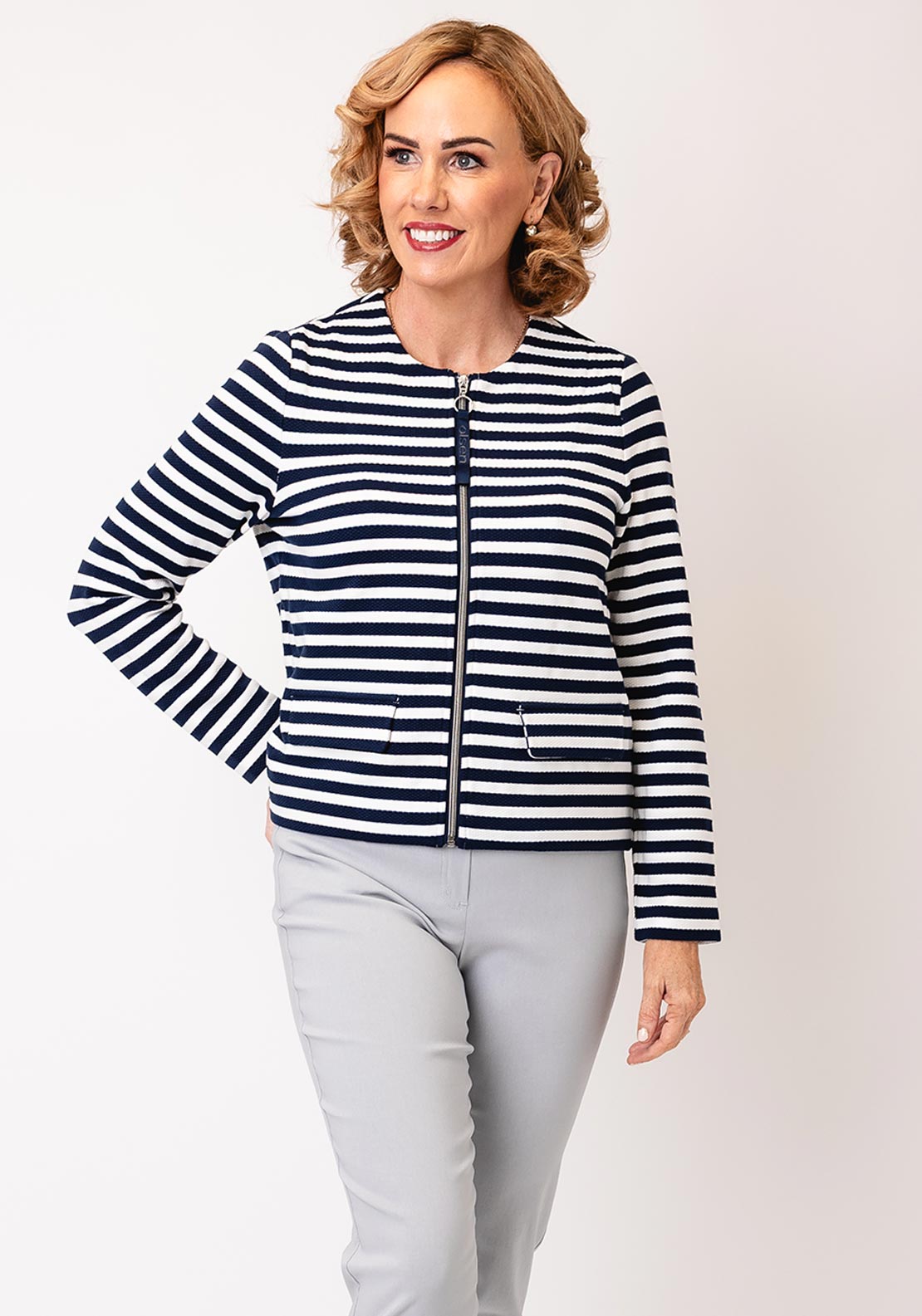 Olsen Striped Round Neck Jacket, Navy and White - McElhinneys
