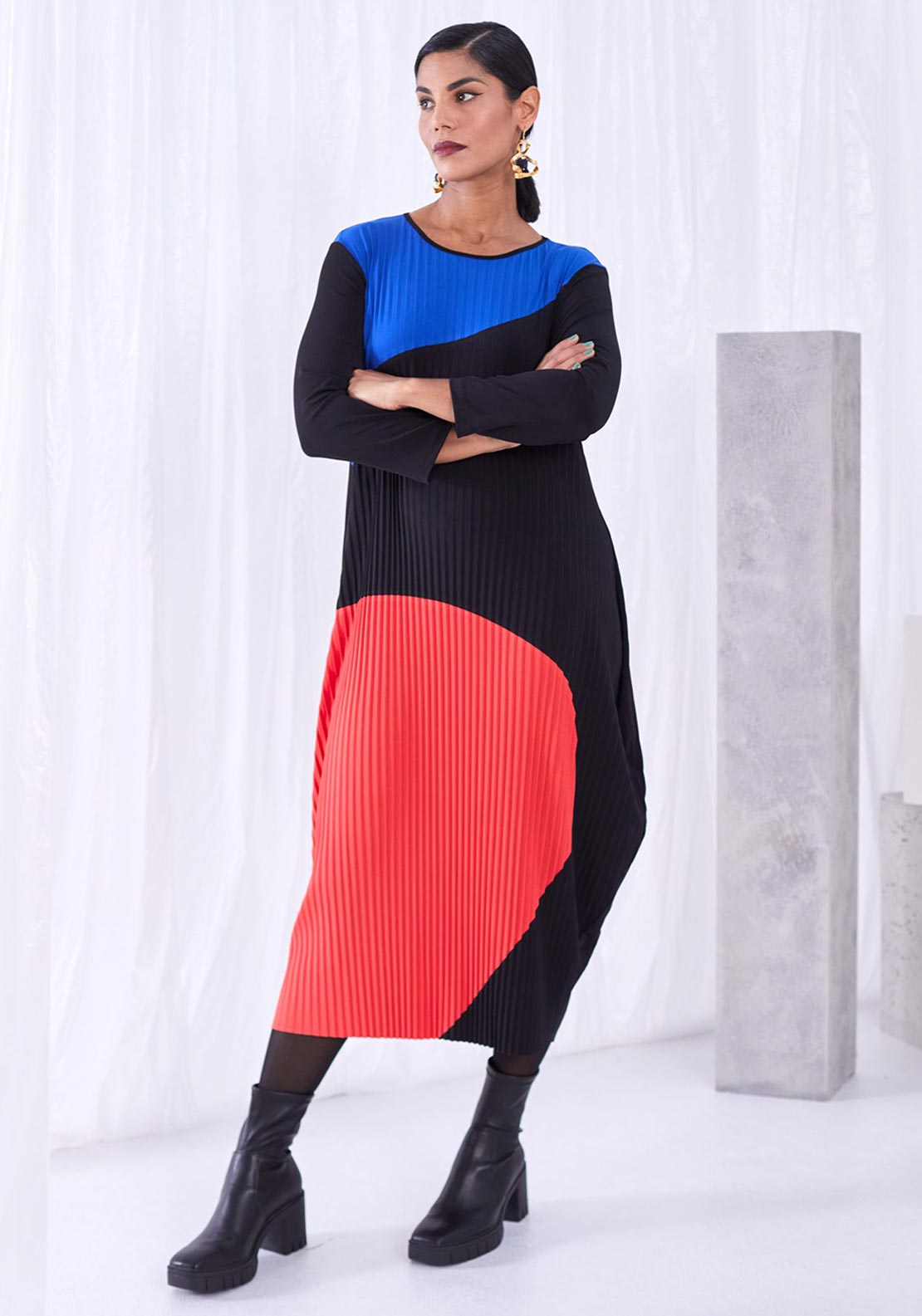 Ora Colour Block Pleated Midi Dress, Multi - McElhinneys