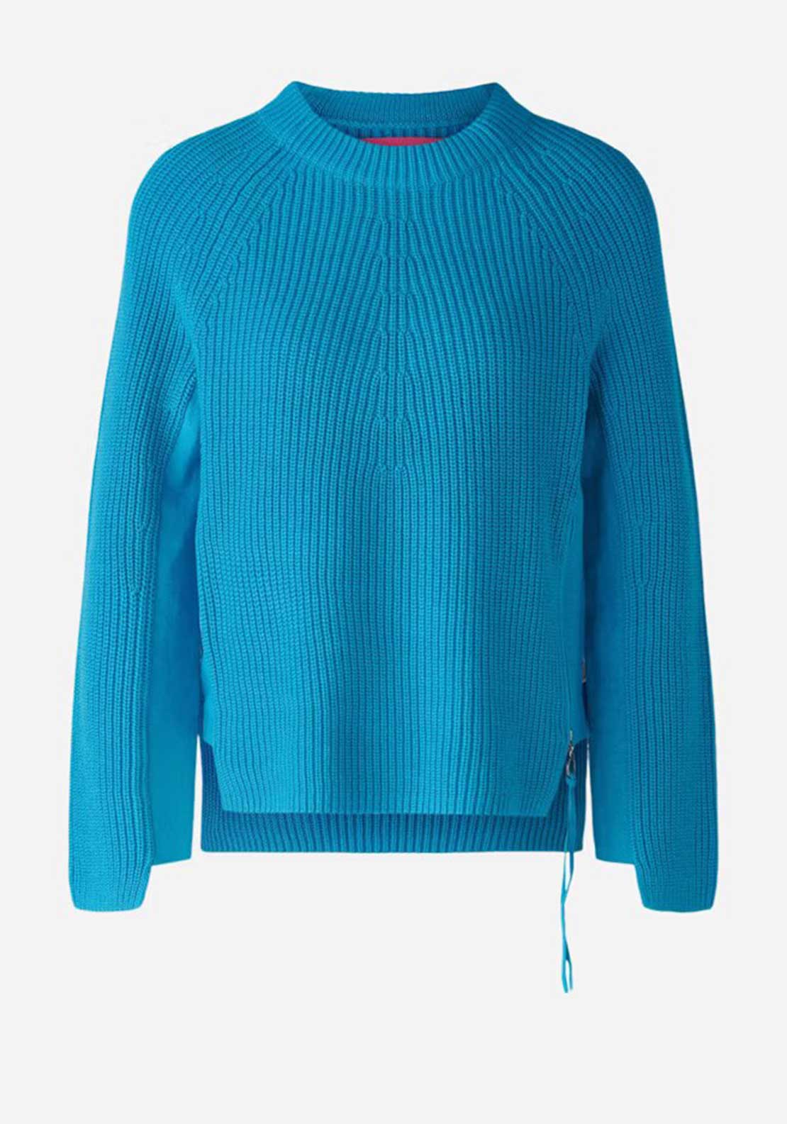 Oui Ribbed Side Zip Cotton Jumper, Blue - McElhinneys