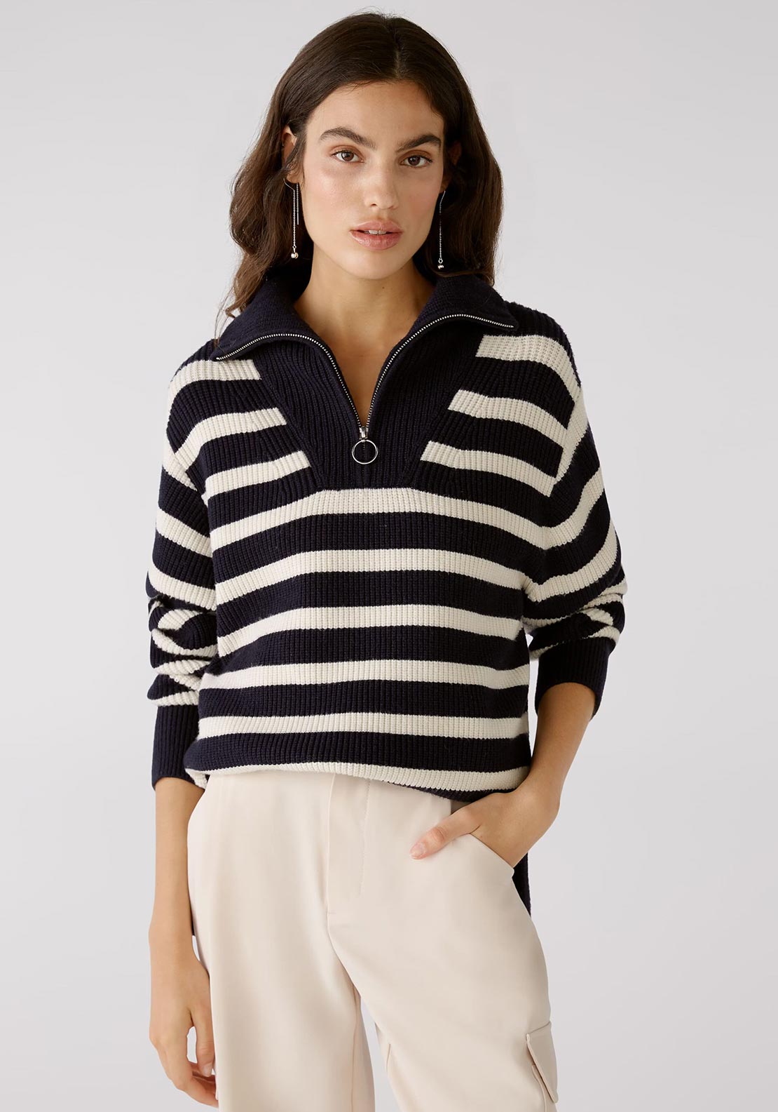 OUI Half Zip Striped Knit Sweater, Navy & White - McElhinneys