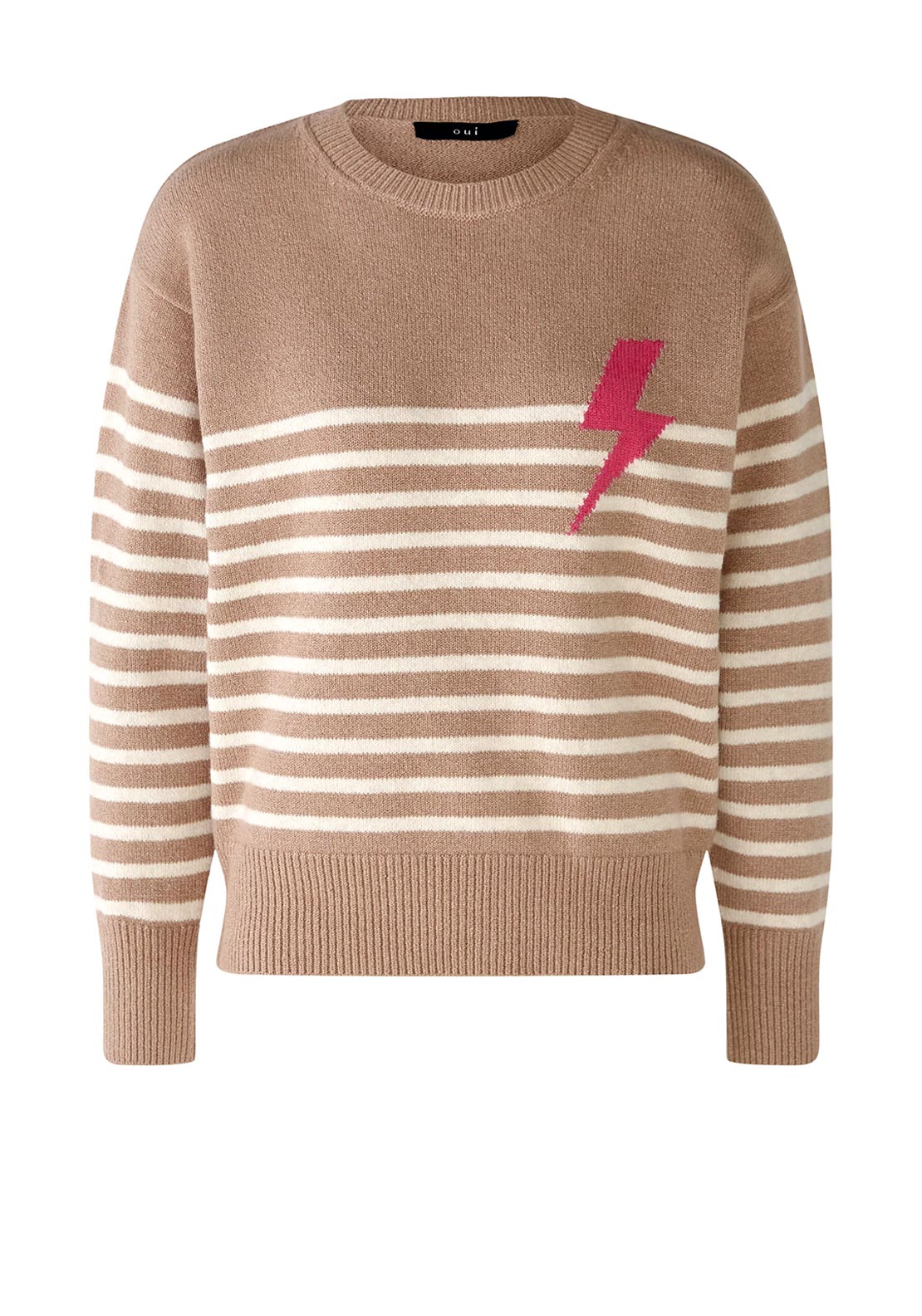 Oui Lightning Bolt Stripe Jumper, Camel White - McElhinneys