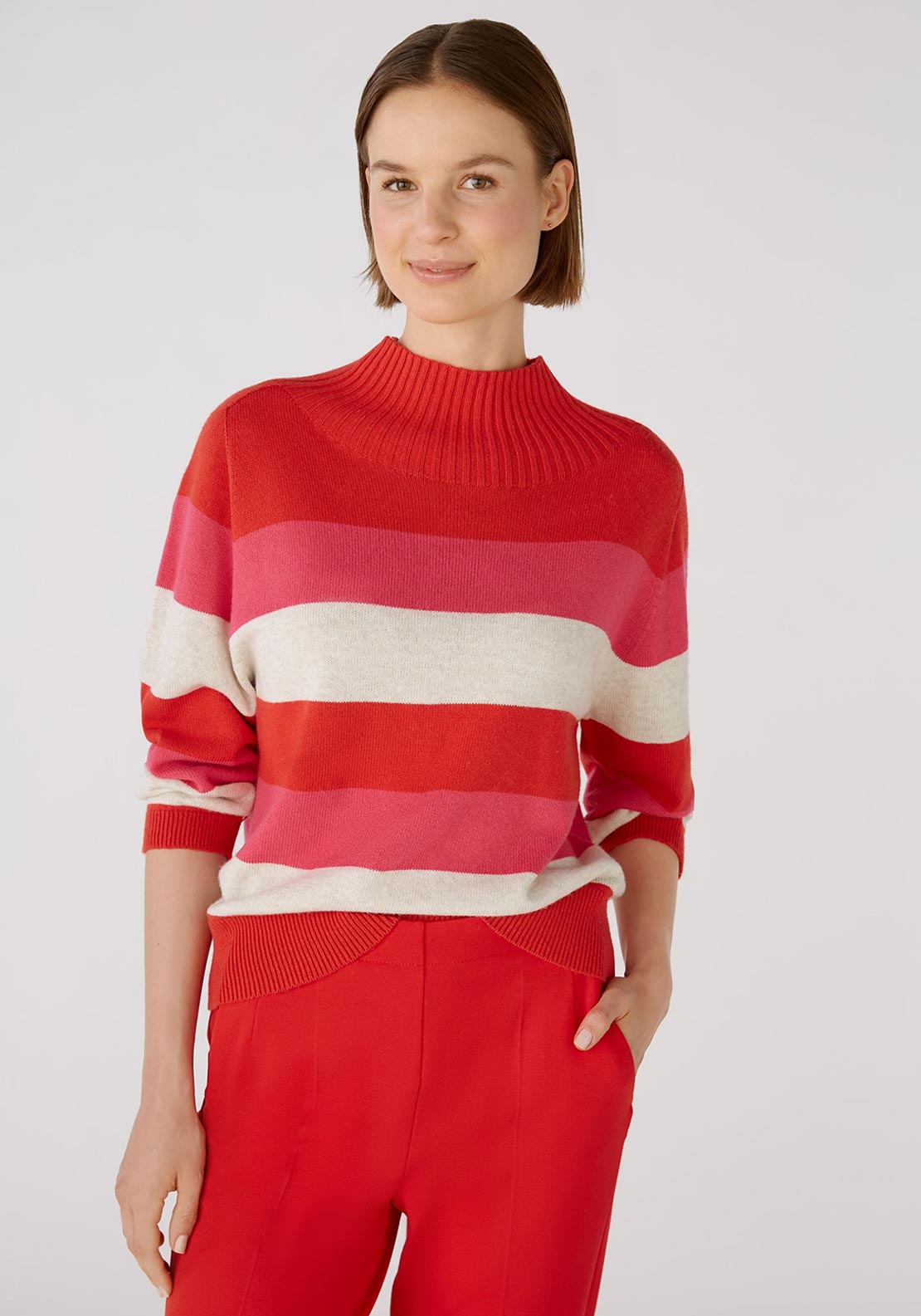 Oui Block Stripe Knitted Jumper, Red Rose - McElhinneys