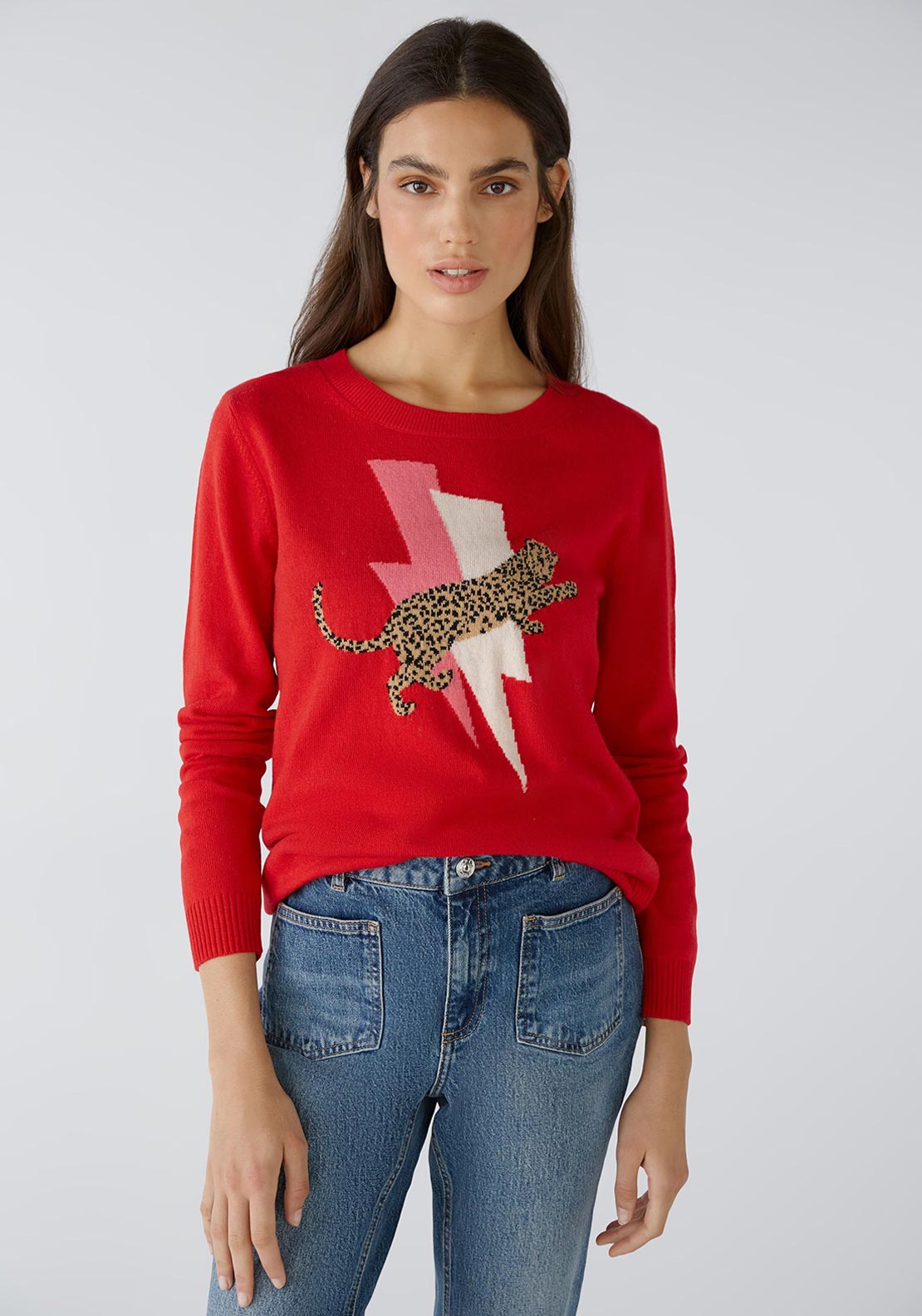 Oui Lightning Bolt Leopard Motif Jumper, Red Camel - McElhinneys