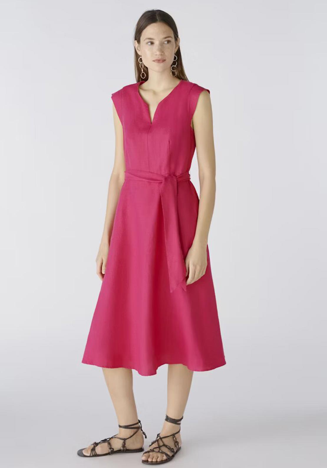 Oui Linen Cotton Fit and Flare Midi Dress, Pink - McElhinneys