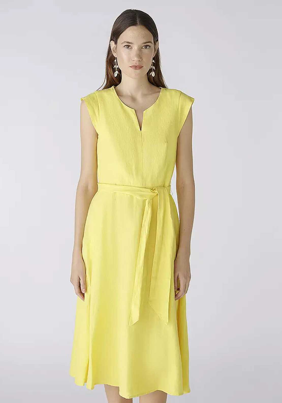Oui Linen Cotton Fit and Flare Midi Dress, Yellow - McElhinneys