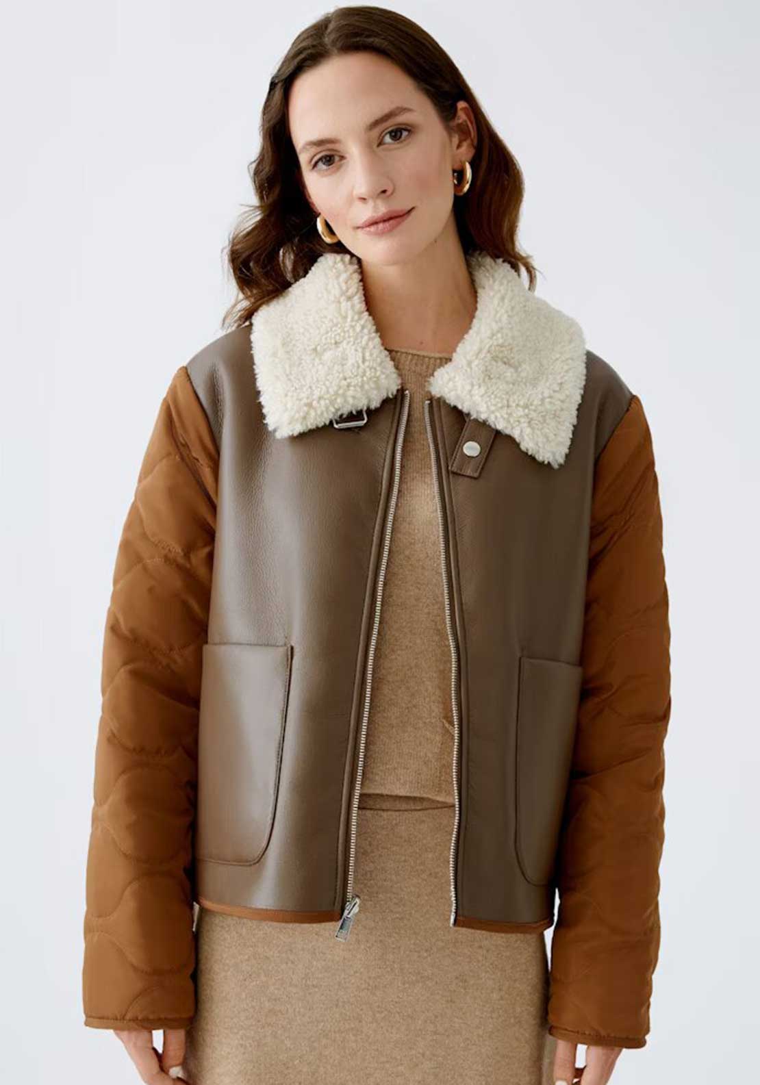 Oui Reversible Borg Mix Jacket, Brown - McElhinneys