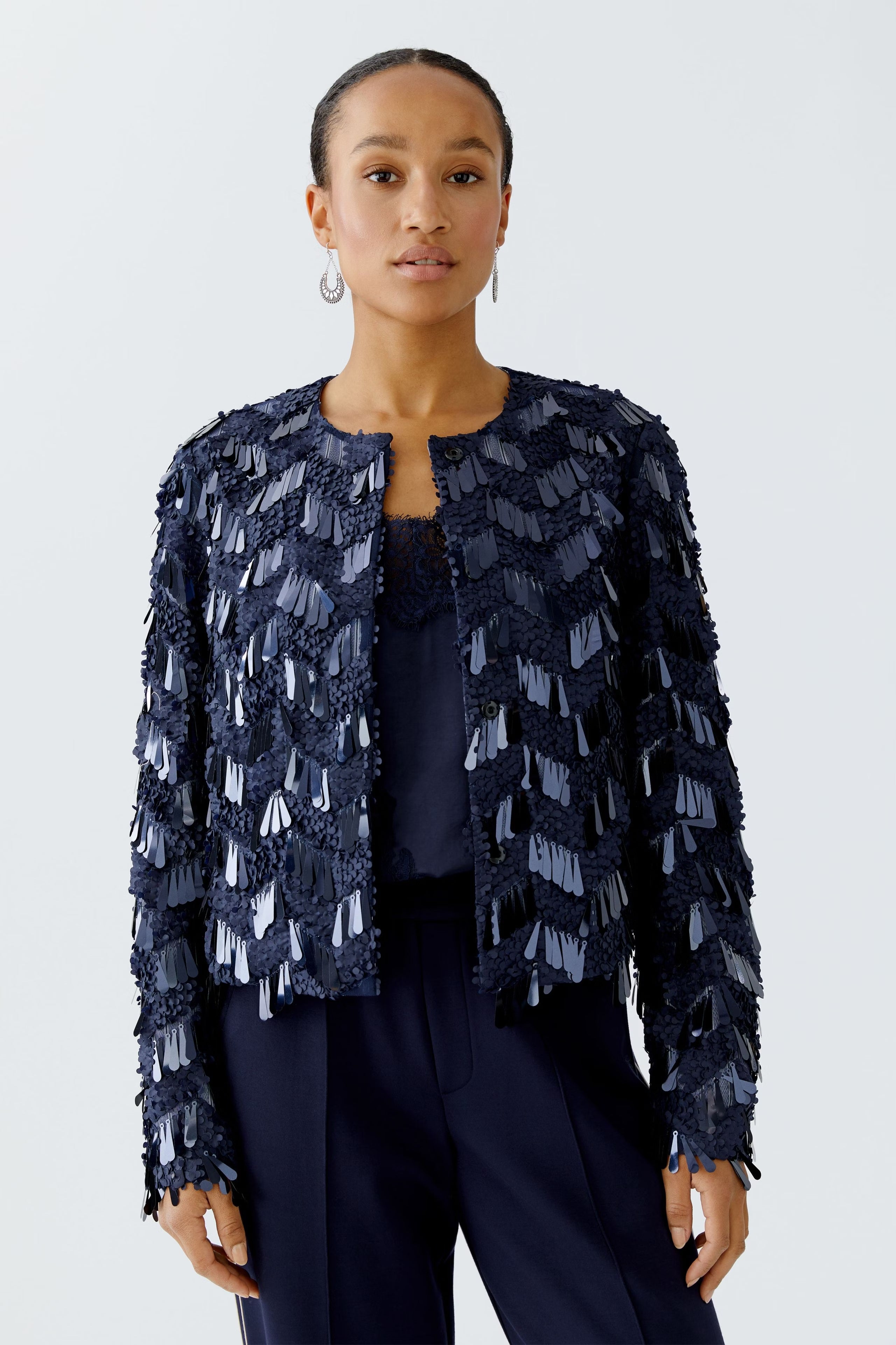 Oui Matte And Glossy Sequin Jacket, Navy - McElhinneys