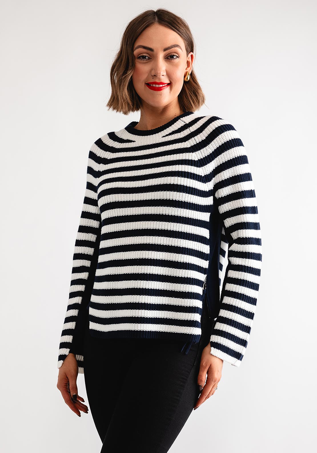 Oui Striped Zip Trim Knit Jumper, Navy & Cream - McElhinneys