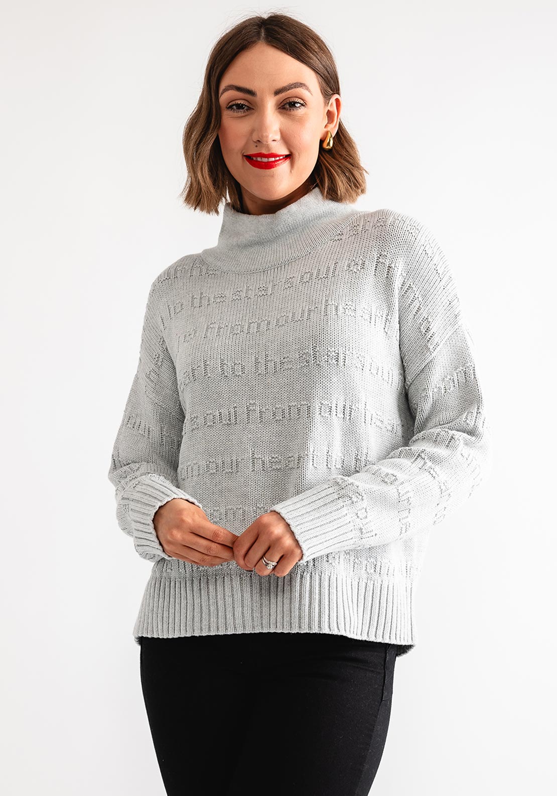 Oui Textured Knit High Neck Jumper, Grey - McElhinneys