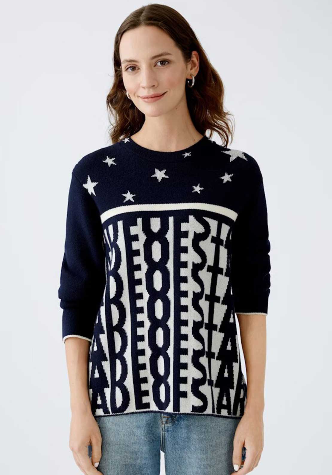 Oui Mongram Star Jacquard Knit Jumper, Navy - McElhinneys