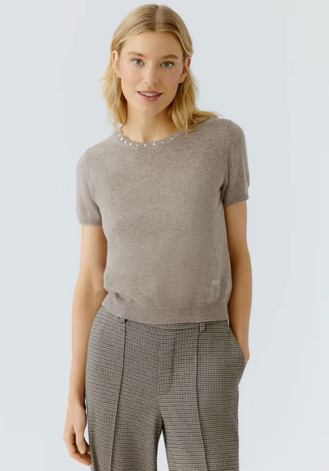 OUI Rhinestone Round Neck T-Shirt, Beige - McElhinneys