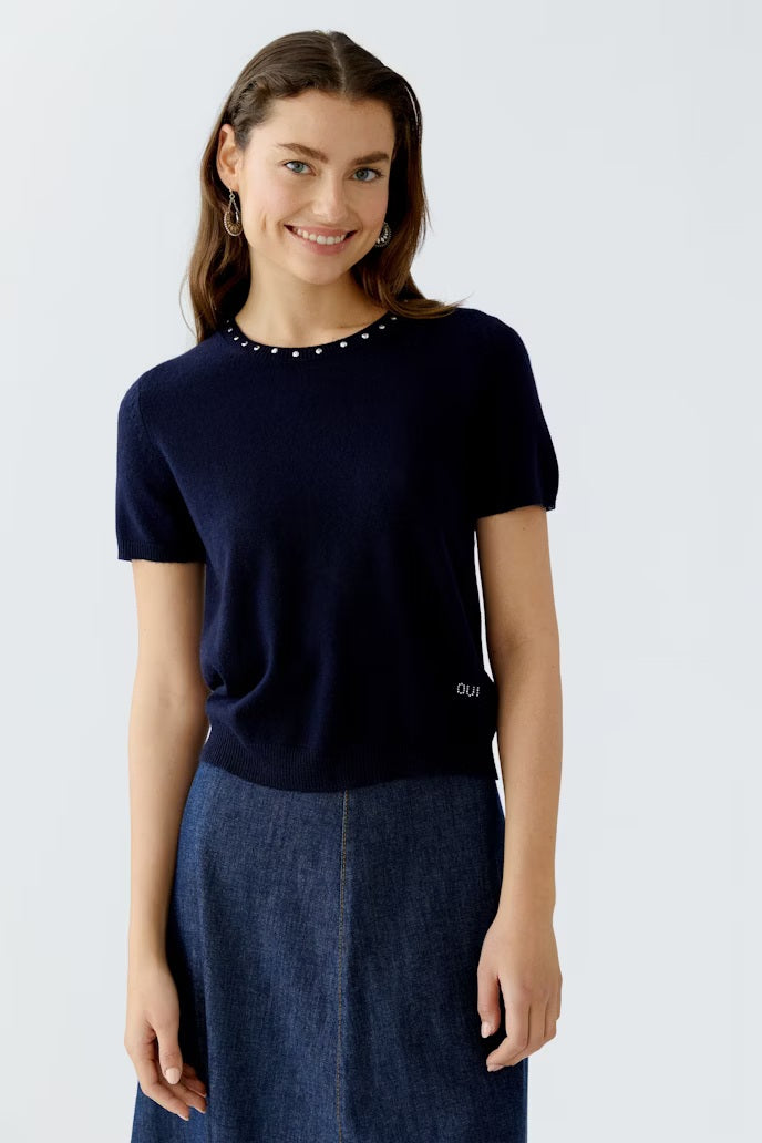OUI Rhinestone Round Neck T-Shirt, Navy - McElhinneys