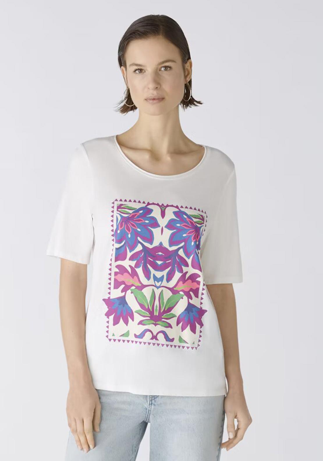 Oui Graphic Flower Stitch Trim T-Shirt, White - McElhinneys