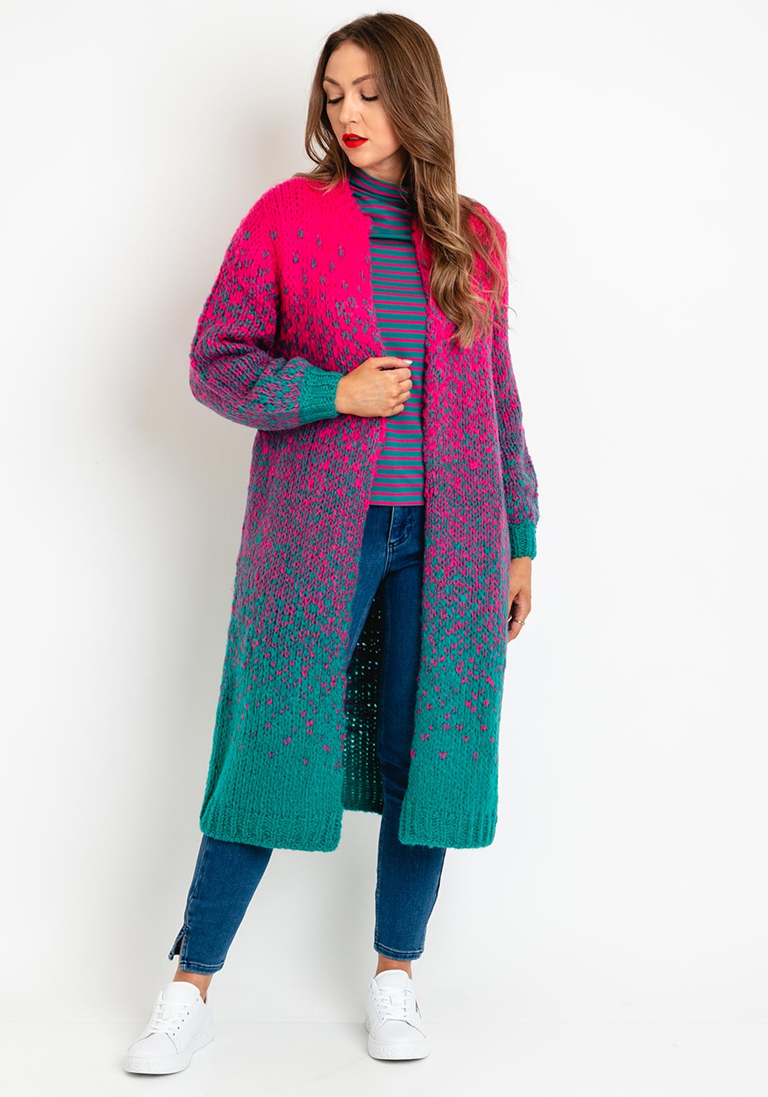 OUI Ombre Knit Long Cardigan, Pink & Green - McElhinneys