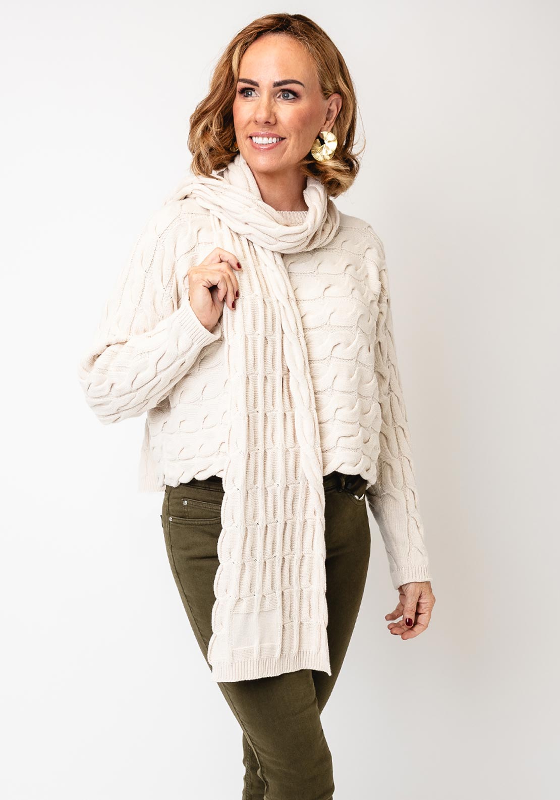 OUI Cable Knit Scarf, Cream - McElhinneys
