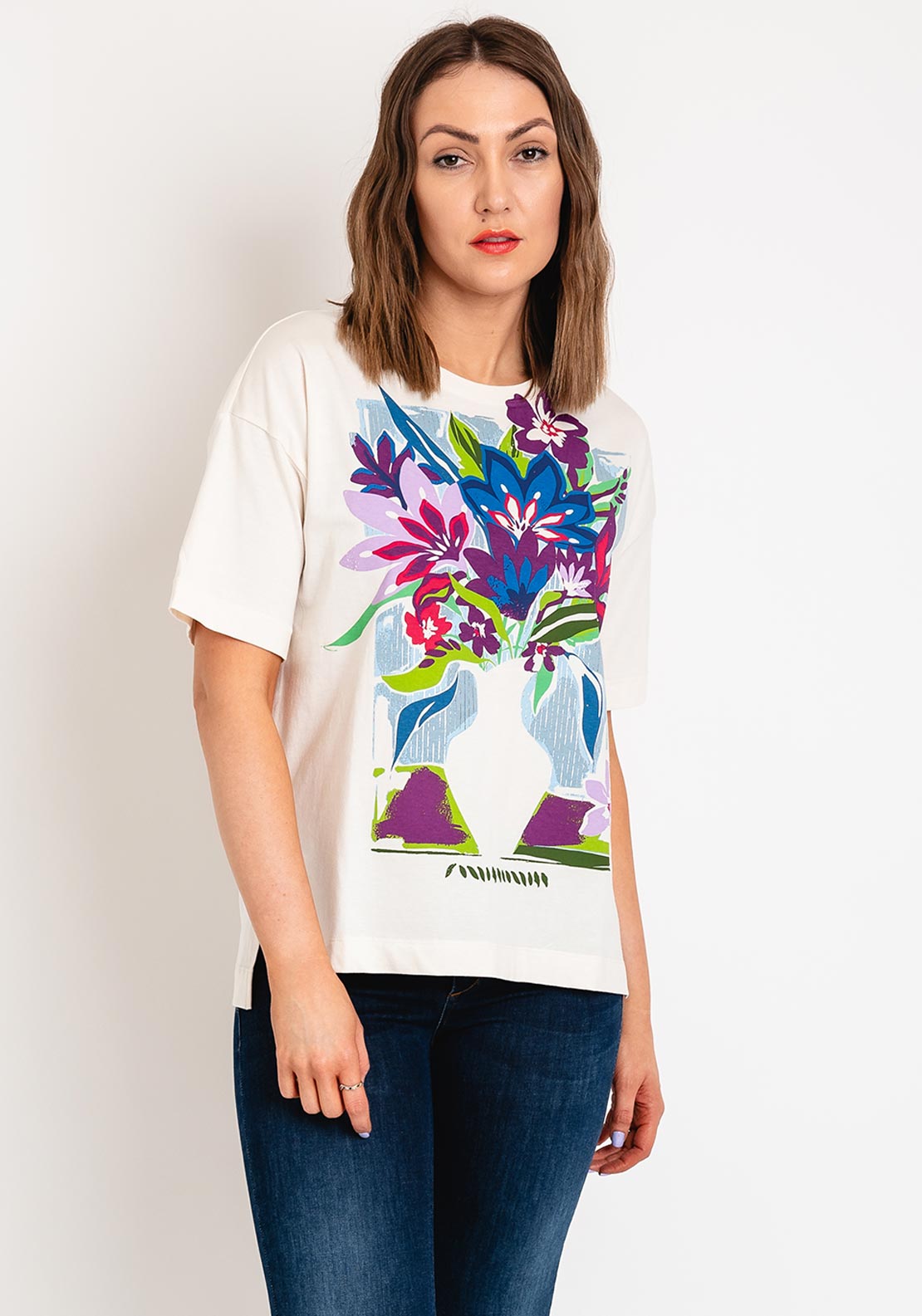 Oui Flower Vase Print Cotton T-Shirt, Off- White - McElhinneys